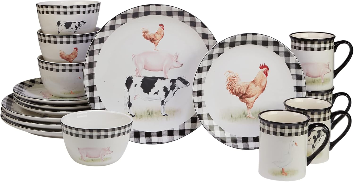 Amazon.com | On the Farm 16-Piece Dinnerware Set – Country Farmhouse ...