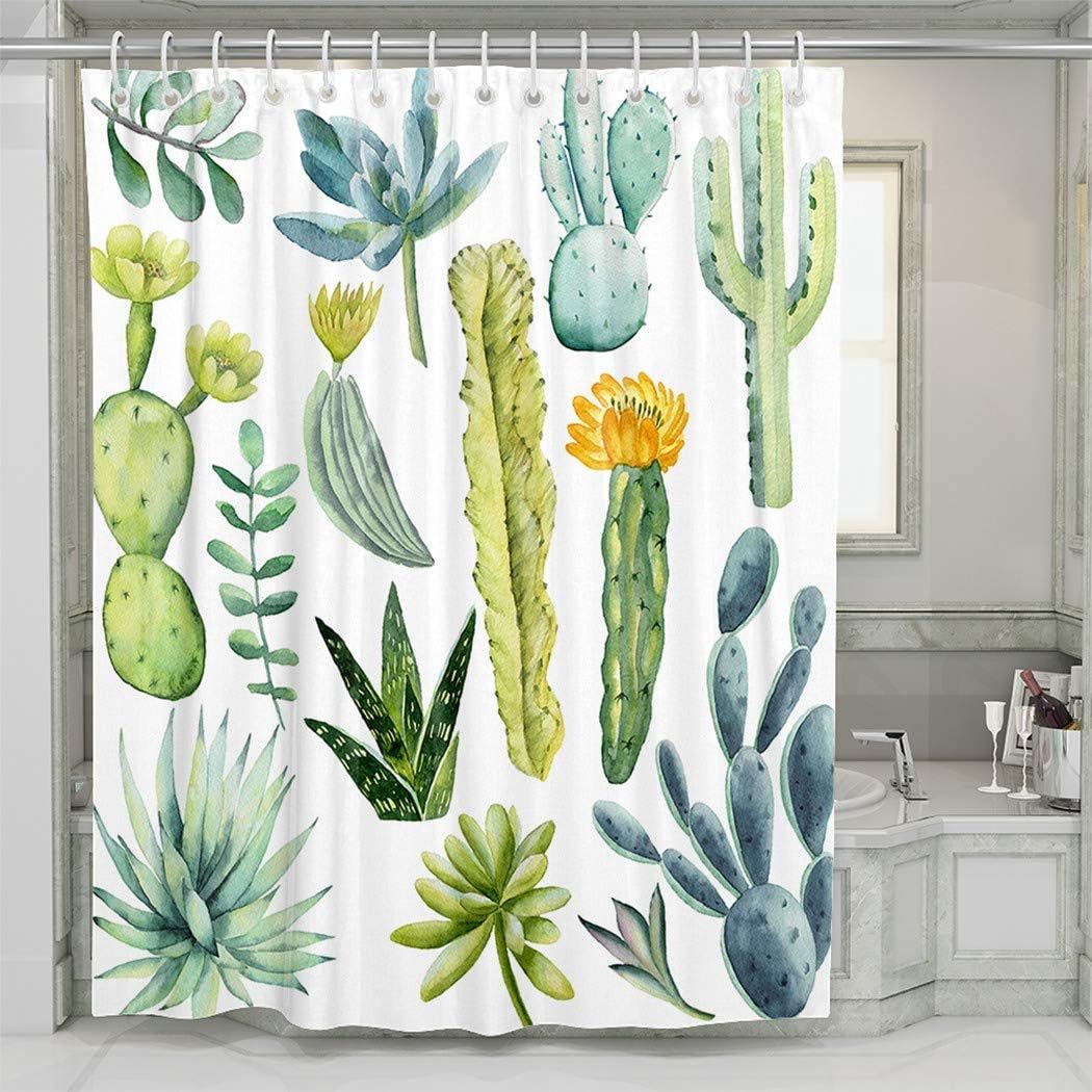 Amazon｜Assanu 多肉植物サボテンの花自然水彩模様浴室壁装飾シャワーカーテン高品質防水ポリエステル生地速乾性72x72インチ12 ...