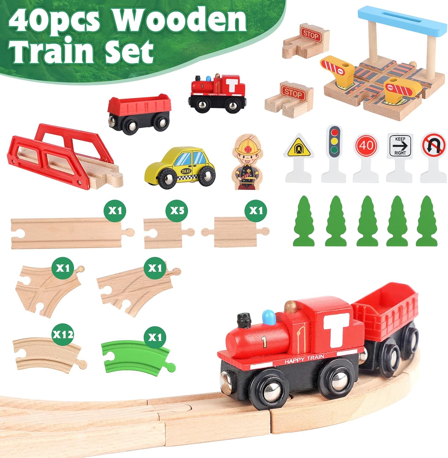 Wooden Train Set, 40 PCS Kids Train Set with 3 Cars, Wood Train Tracks ...