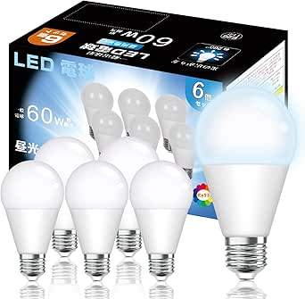 Amazon | LED電球 E26口金 6.9W 60W形相当 昼光色 6500K 850lm 高演色性 Ra93 広配光 高輝度 省エネ 密閉形器具対応 断熱材施工器具対応 調光不可 6個 ...