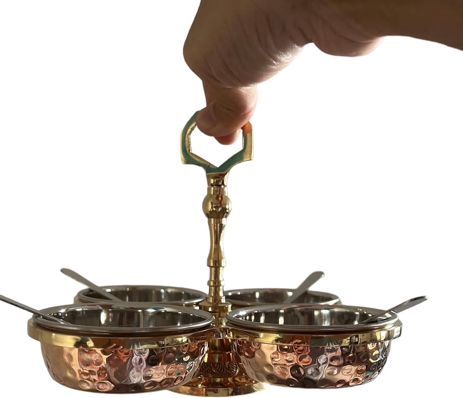Copper Chutney Tray Gold Handle Server 4 Pot Relish Pickle Condiment 9 ...