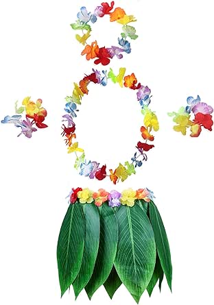 KASTWAVE Leaf Hula Skirt Hawaiian Leis Set Grass Skirt Hibiscus Flowers ...