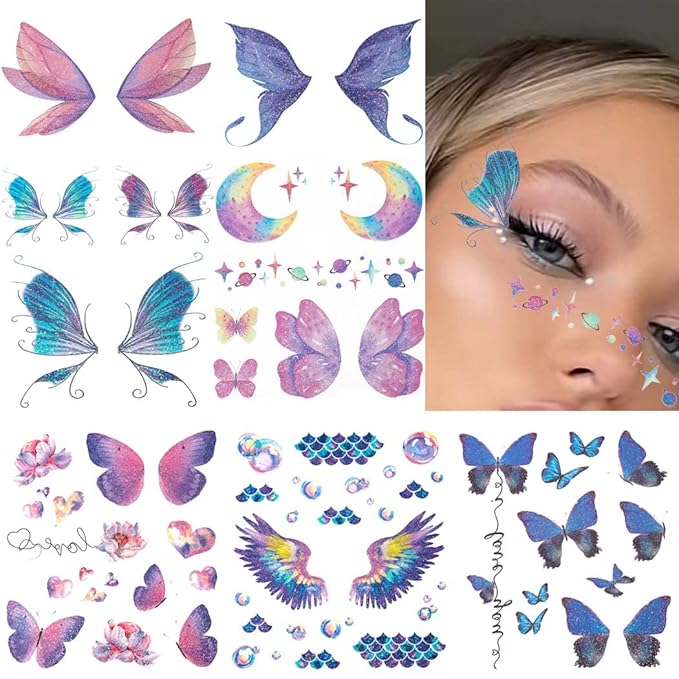 Amazon.com : Uranian Temporary Tattoos Butterfly Face Stickers Glitter ...
