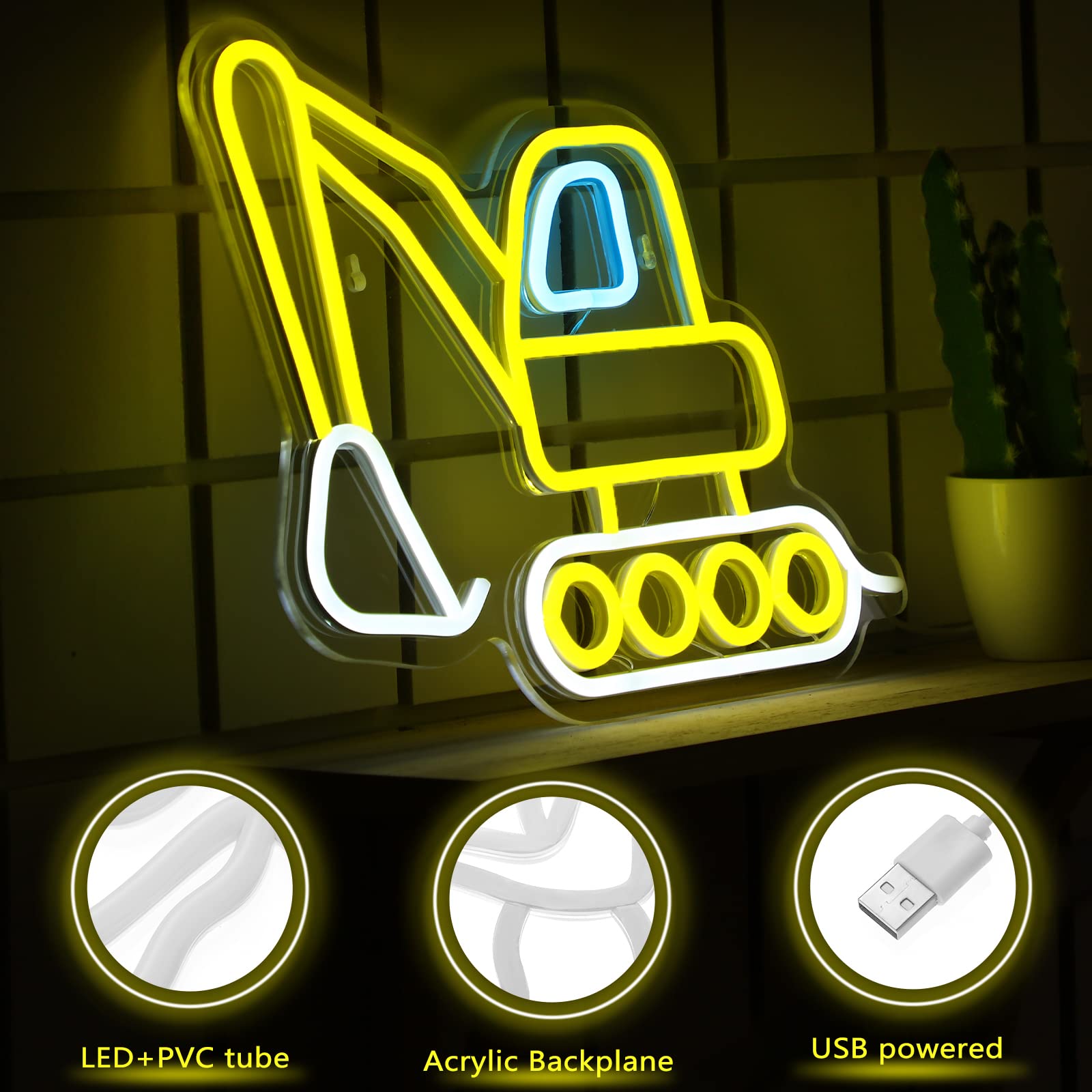 Neon Sign Construction Excavator Vehicles LED Neon Light USB Powered ...