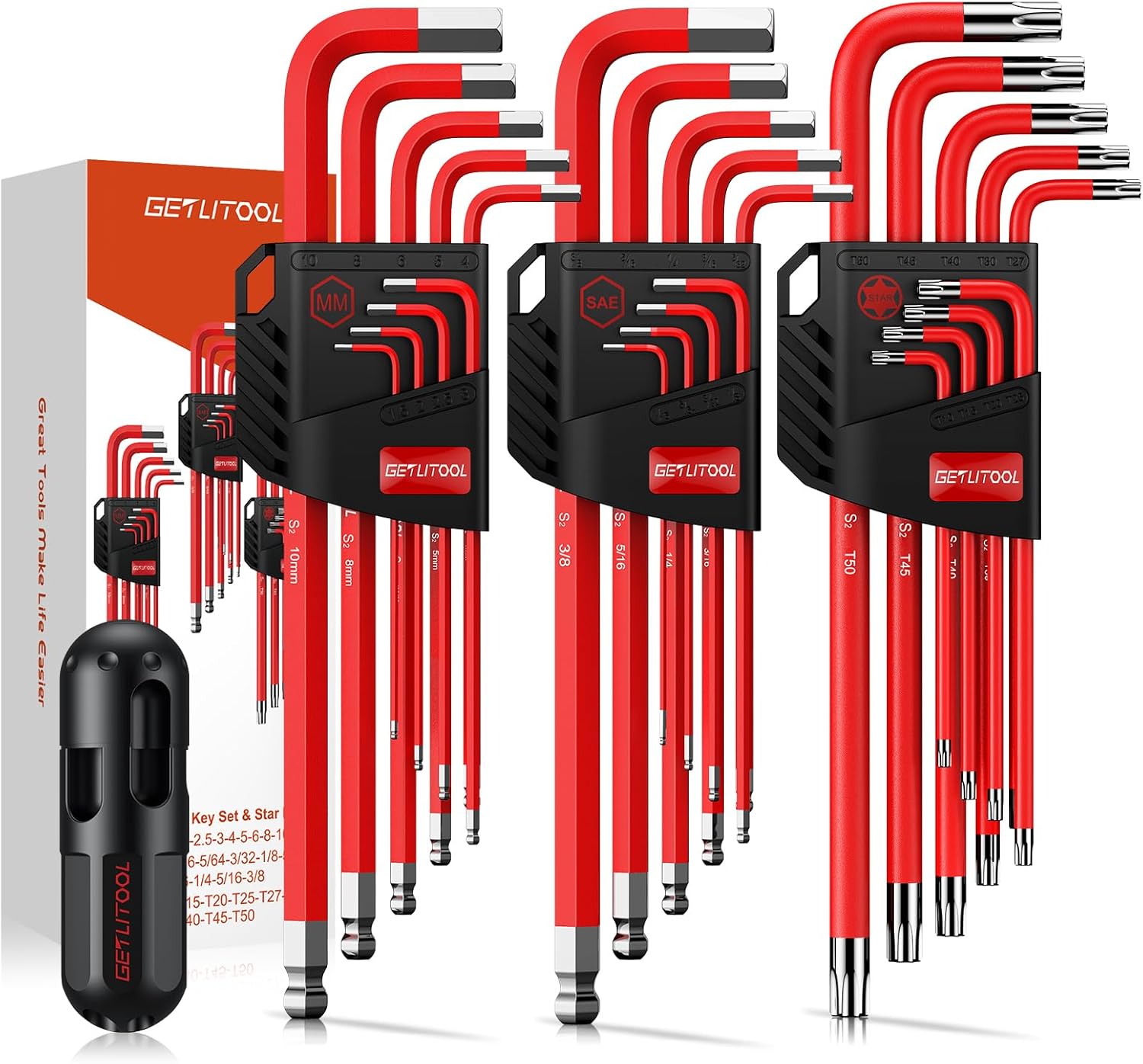 GETLITOOL 27Pcs S2 Steel Magnetic Allen Key Set, Metric (1.5-10mm), SAE (1/16”-3/8”), Torx (T10 ...