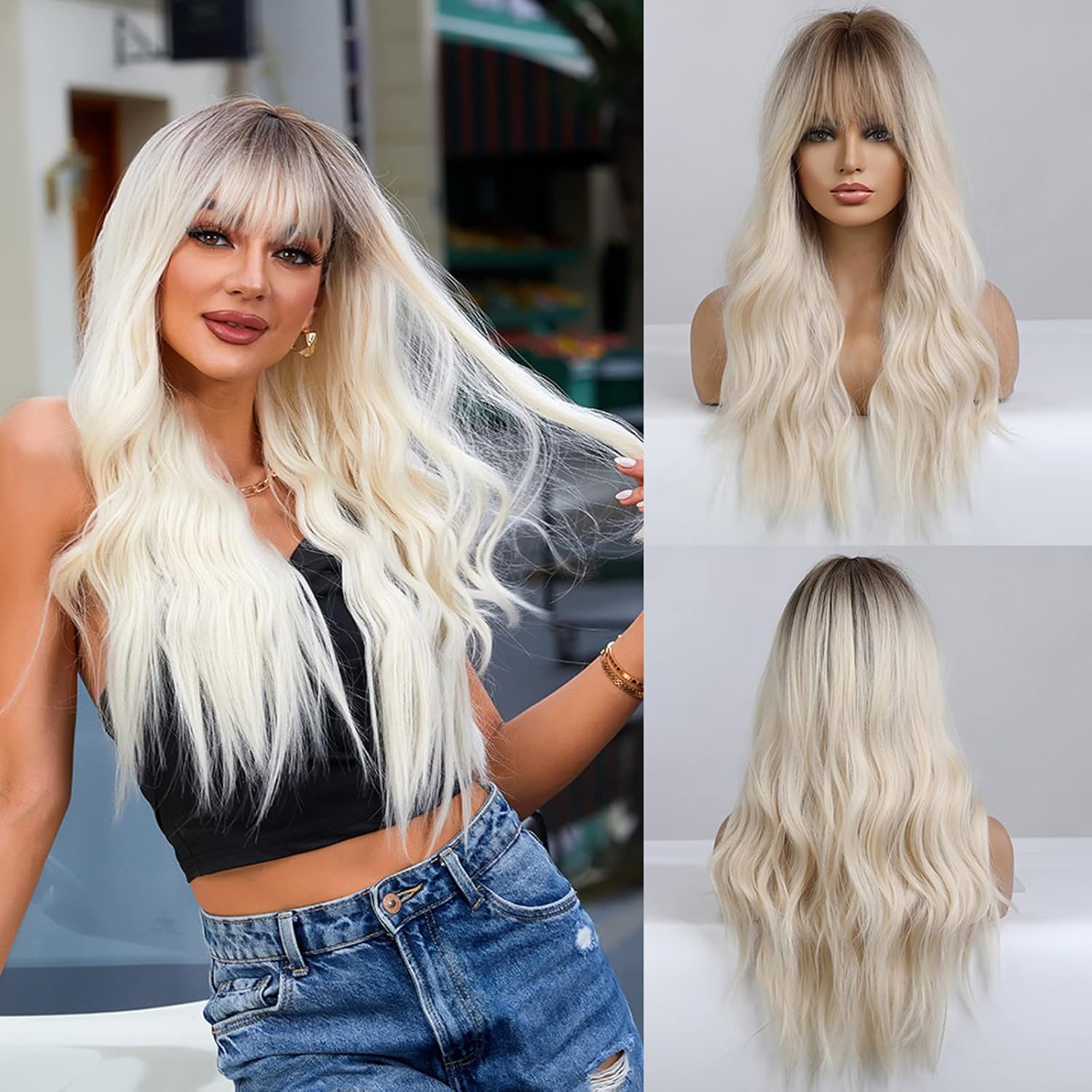 Amazon.com : Platinum Blonde Wig with Bangs for Women, Ombre Long Platinum Blonde Wig Cosplay ...