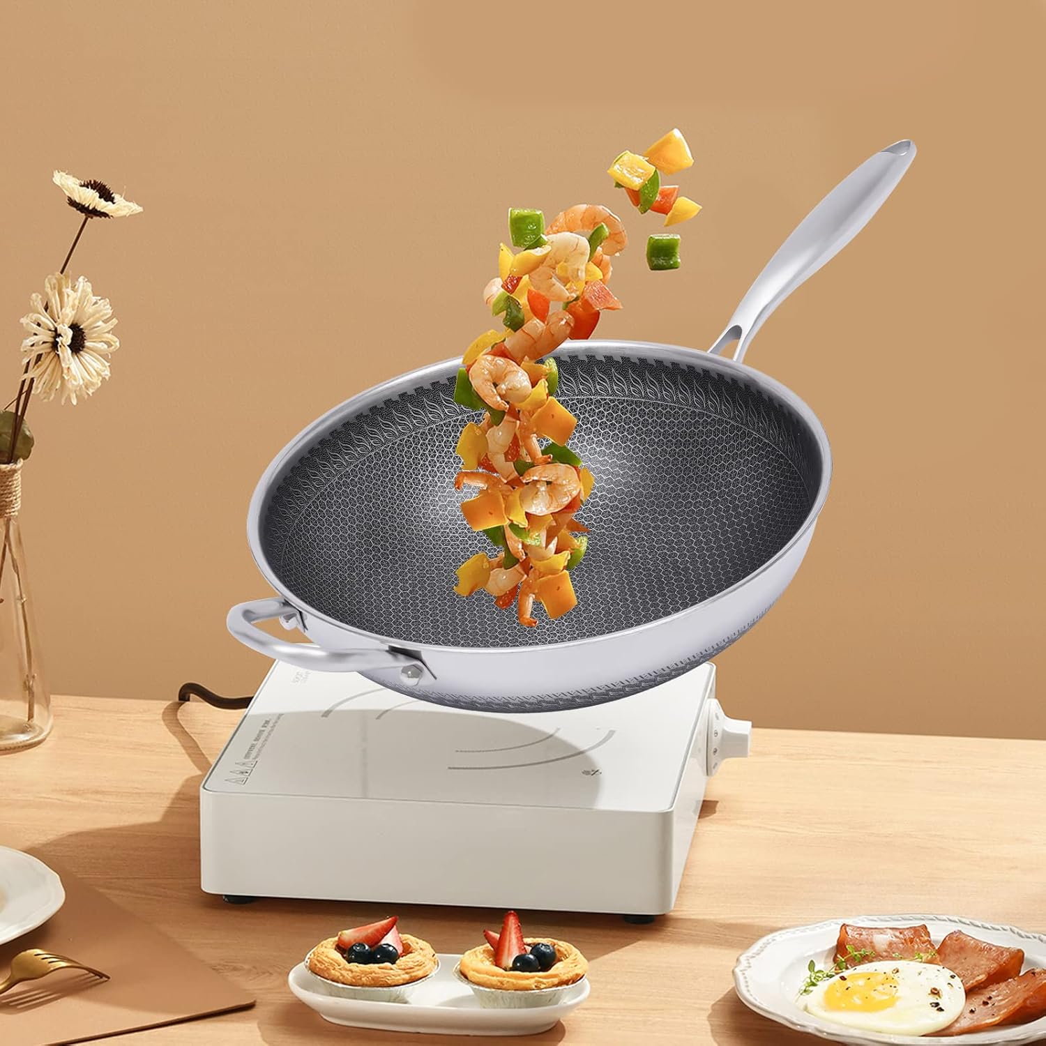 Amazon.com: Wok Pan with Lid, Handle Stainless Steel 12in Wok & Stir ...