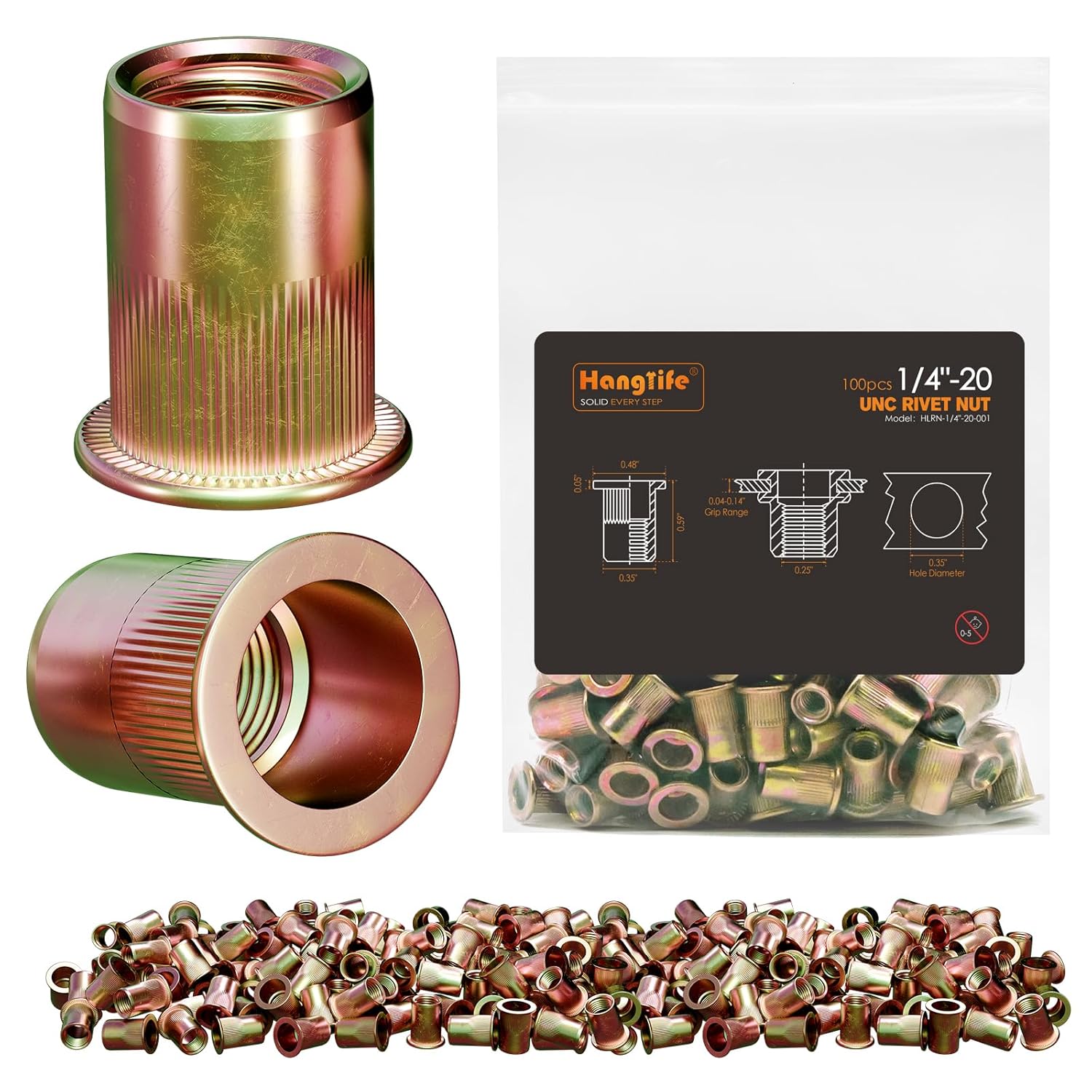HANGLIFE Rivet Nut, 1/4"-20 UNC SAE Rivnut - Flat Head Nutserts, Zinc ...