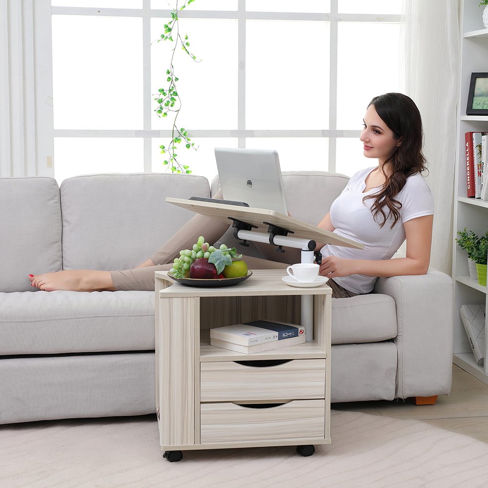 Functional Swivel Bedside Table Adjustable Nightstand With Drawers And ...