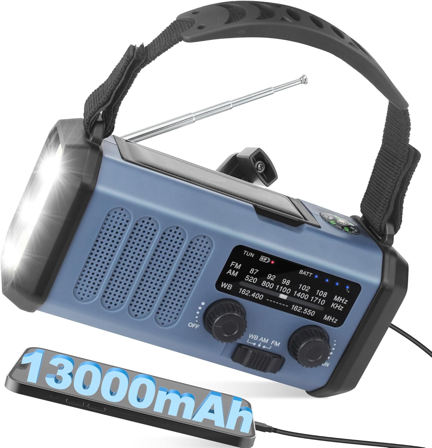 13000mAh Solar Crank NOAA Emergency Radio, 4 Power Sources Type-C ...