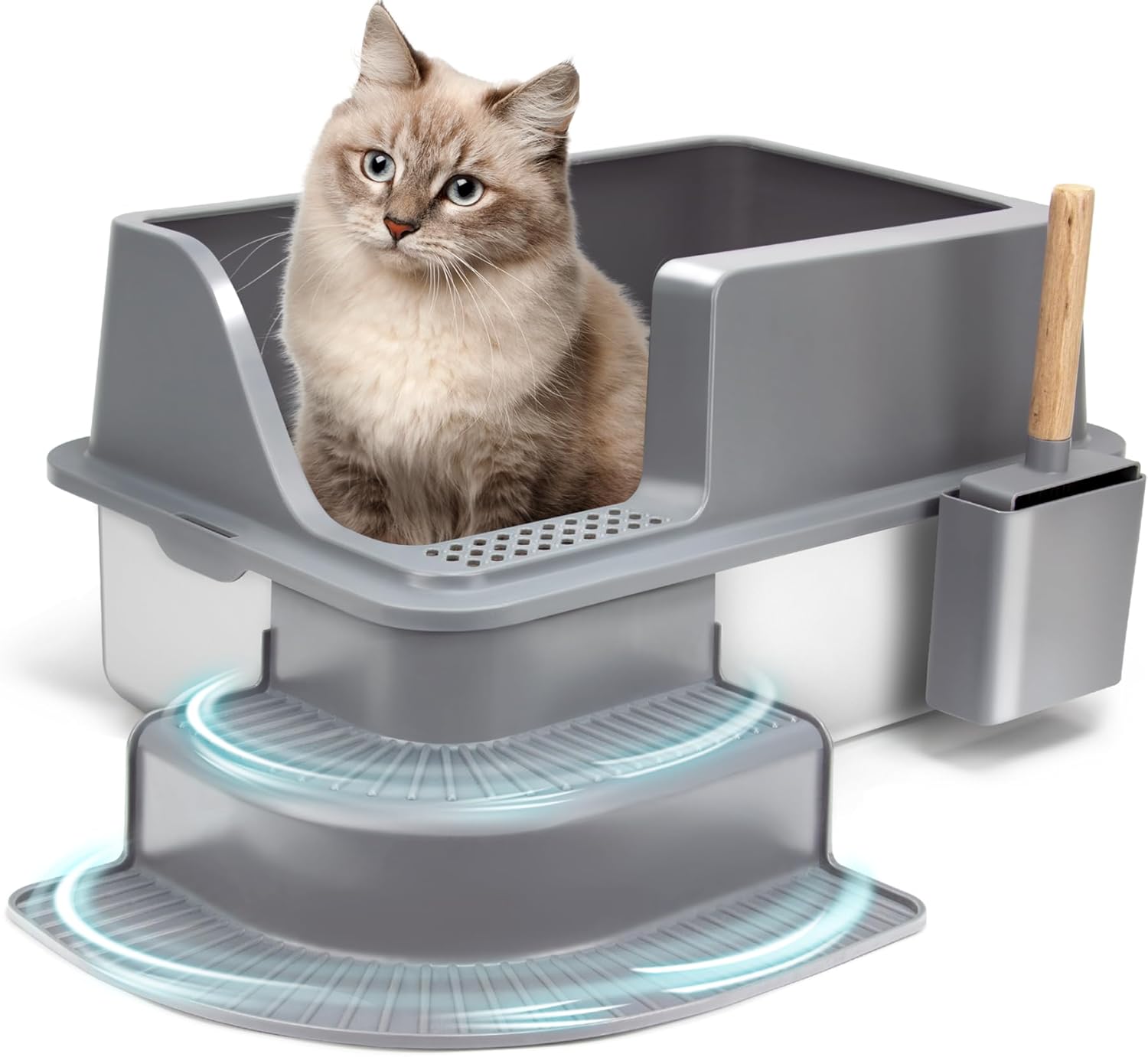 CattiDoggy XL Stainless Steel Cat Litter Box With Steps - Enclosed ...