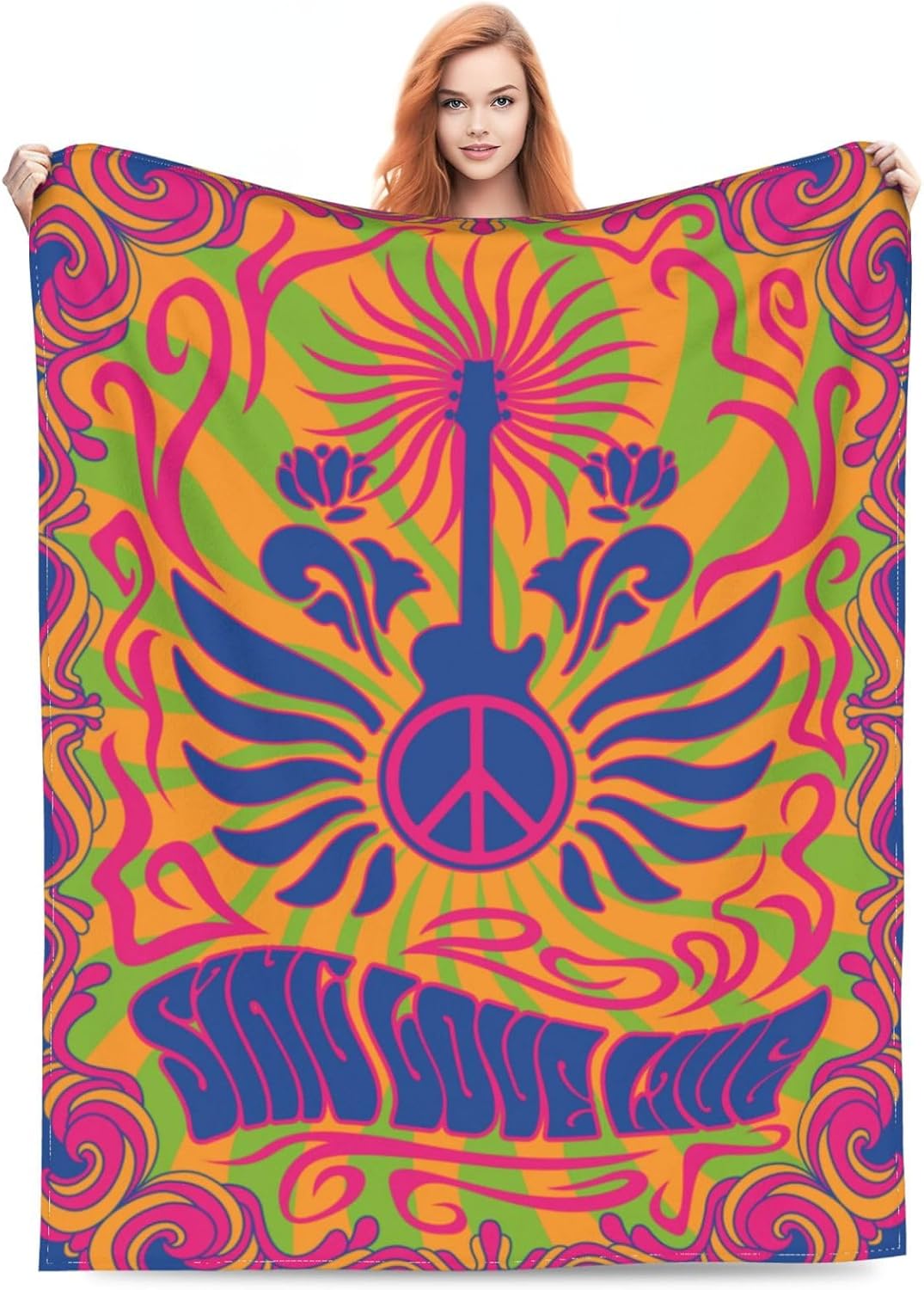 Hippie Guitar Throw Blanket Vintage Musical Print Throws Blankets 1960s ...