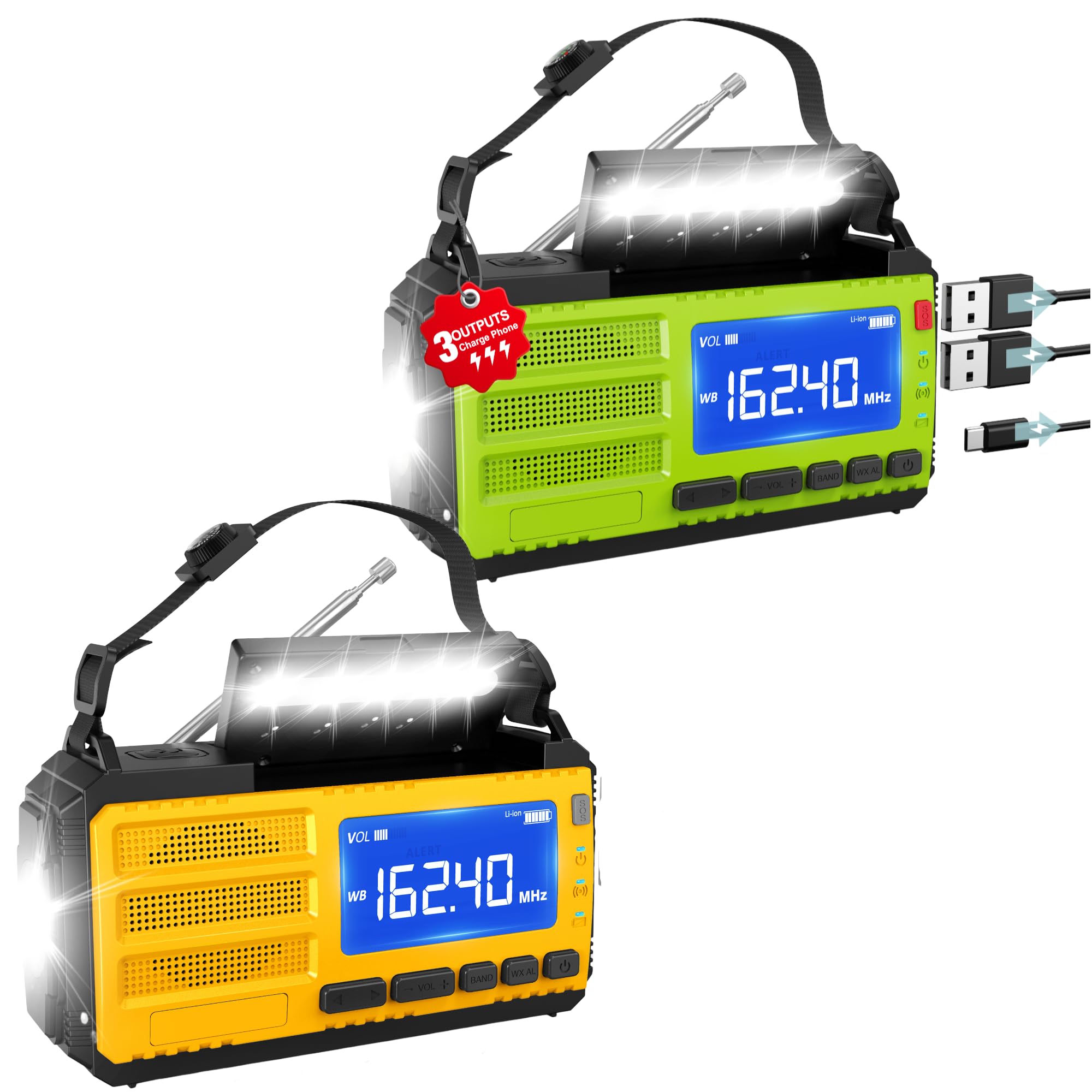 Amazon.com: Emergency Radio 2-Pack: Green & Orange 37000mWh Hand Crank ...