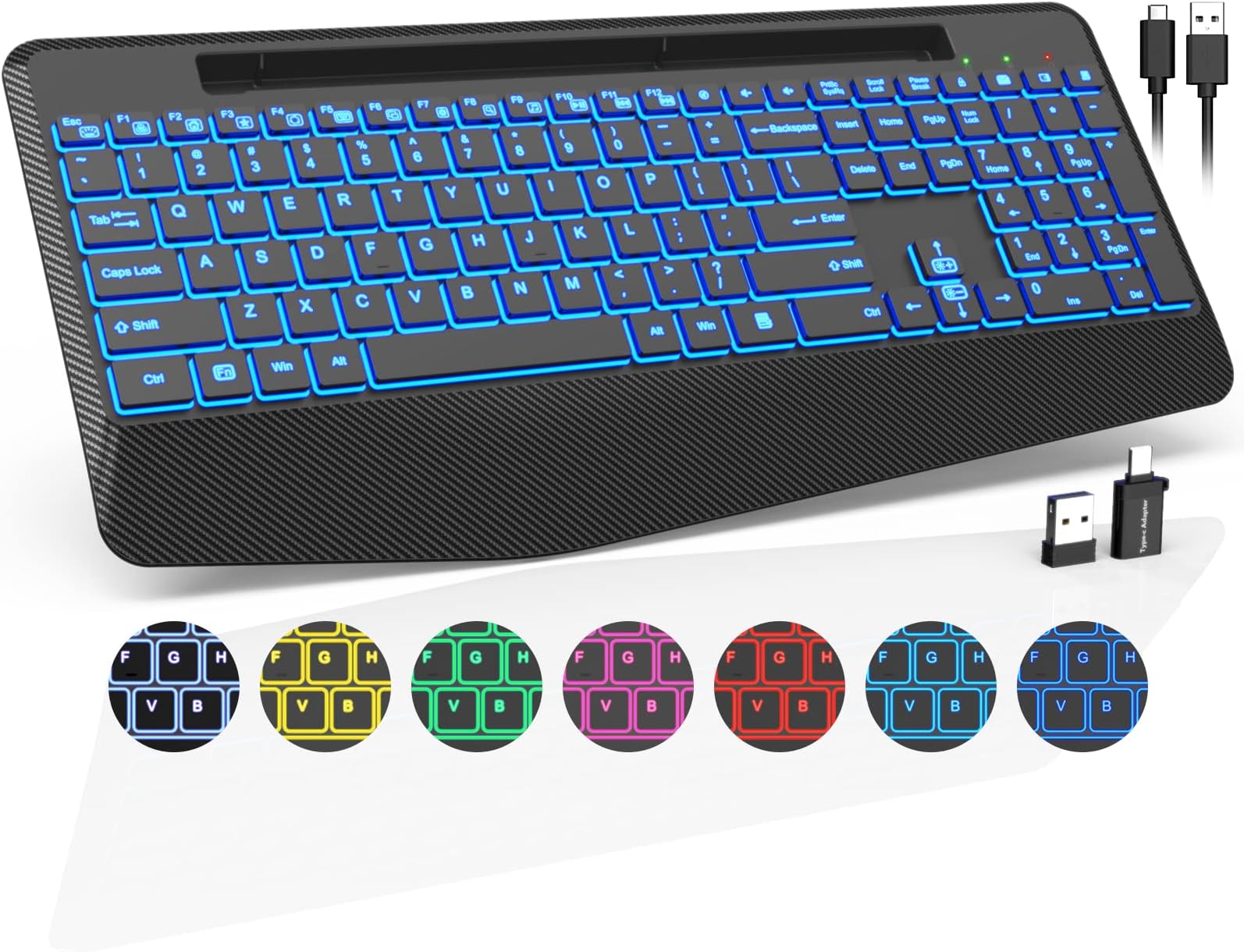 Amazon.com: Wireless Keyboard with 7 Colored Backlits, Wrist Rest ...