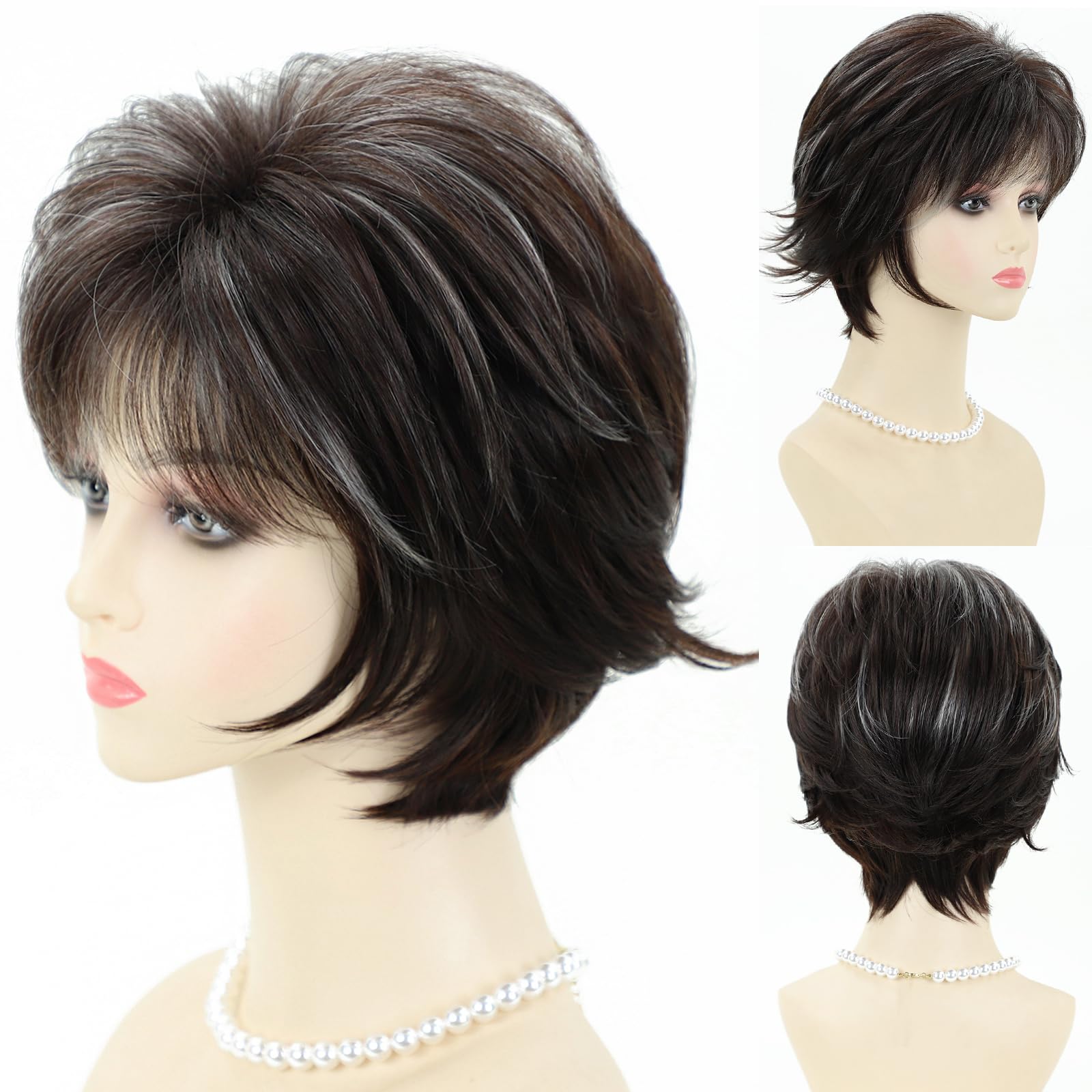 Amazon.com : SEVENCOLORS Short Wigs for Women Dark Brown Wigs with Grey ...