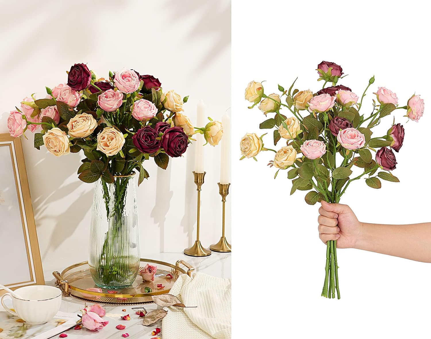 Amazon.com: 3Pcs Red Roses Artificial Flowers Bulk- Fake Roses ...