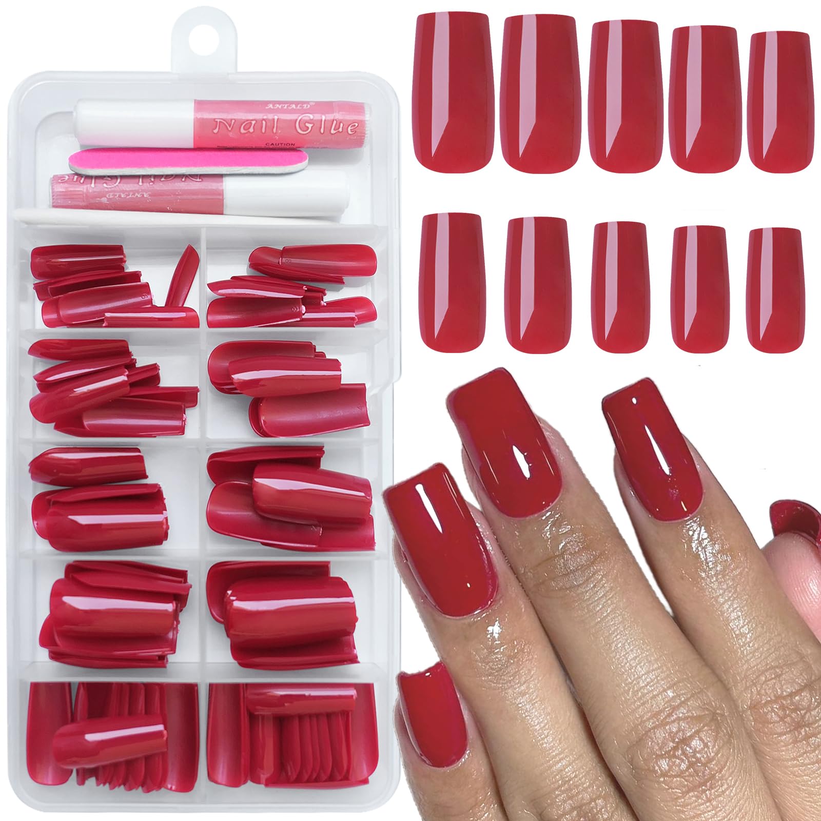 Amazon.com: Bellelfin 120Pcs Red Press on Nails Medium Square Glue on ...