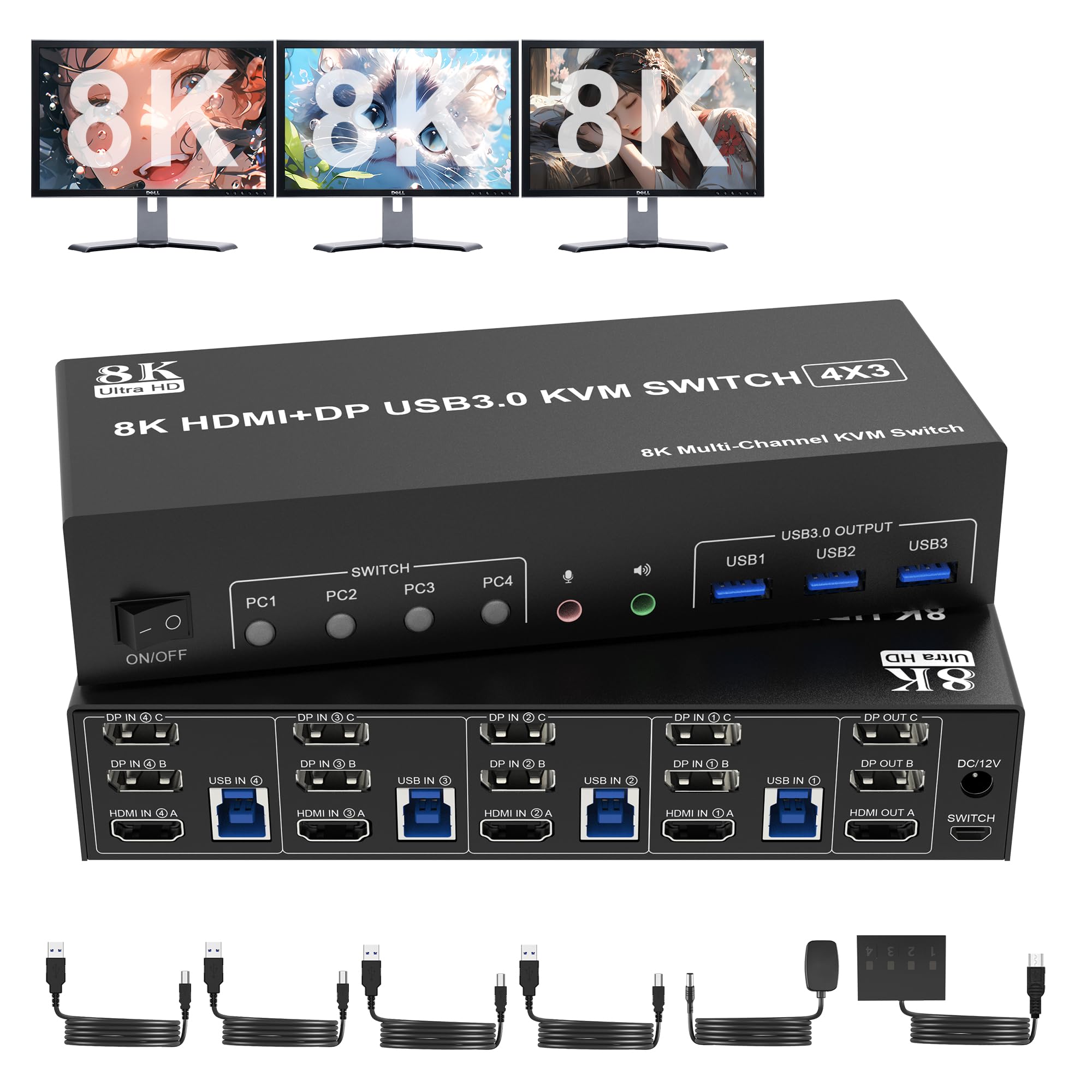 Amazon.com: 8K@60Hz KVM Switch 3 Monitors 4 Computers 4K@144Hz, 2 ...