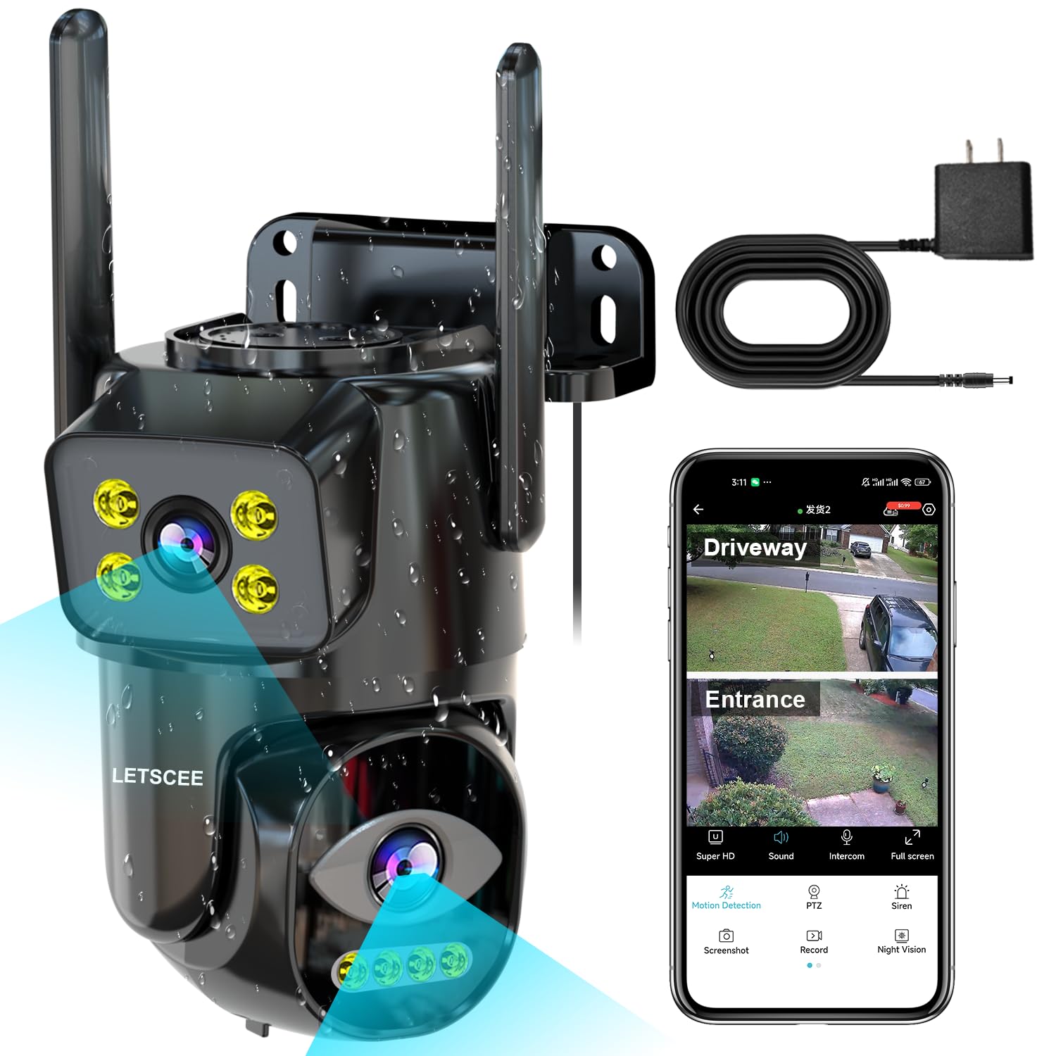 Amazon.com : LETSCEE Dual Lens WiFi Security Camera Outdoor, PTZ ...