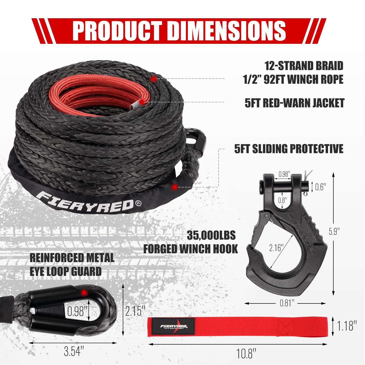 FIERYRED 1/2inch 92FT 31,500 LBS Synthetic Winch Rope Cable Kit with ...