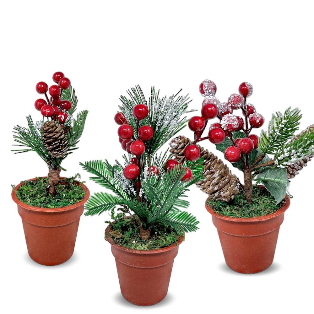 Amazon.com: Christmas Tabletop Pots with Pine Red Berries and Pinecones ...