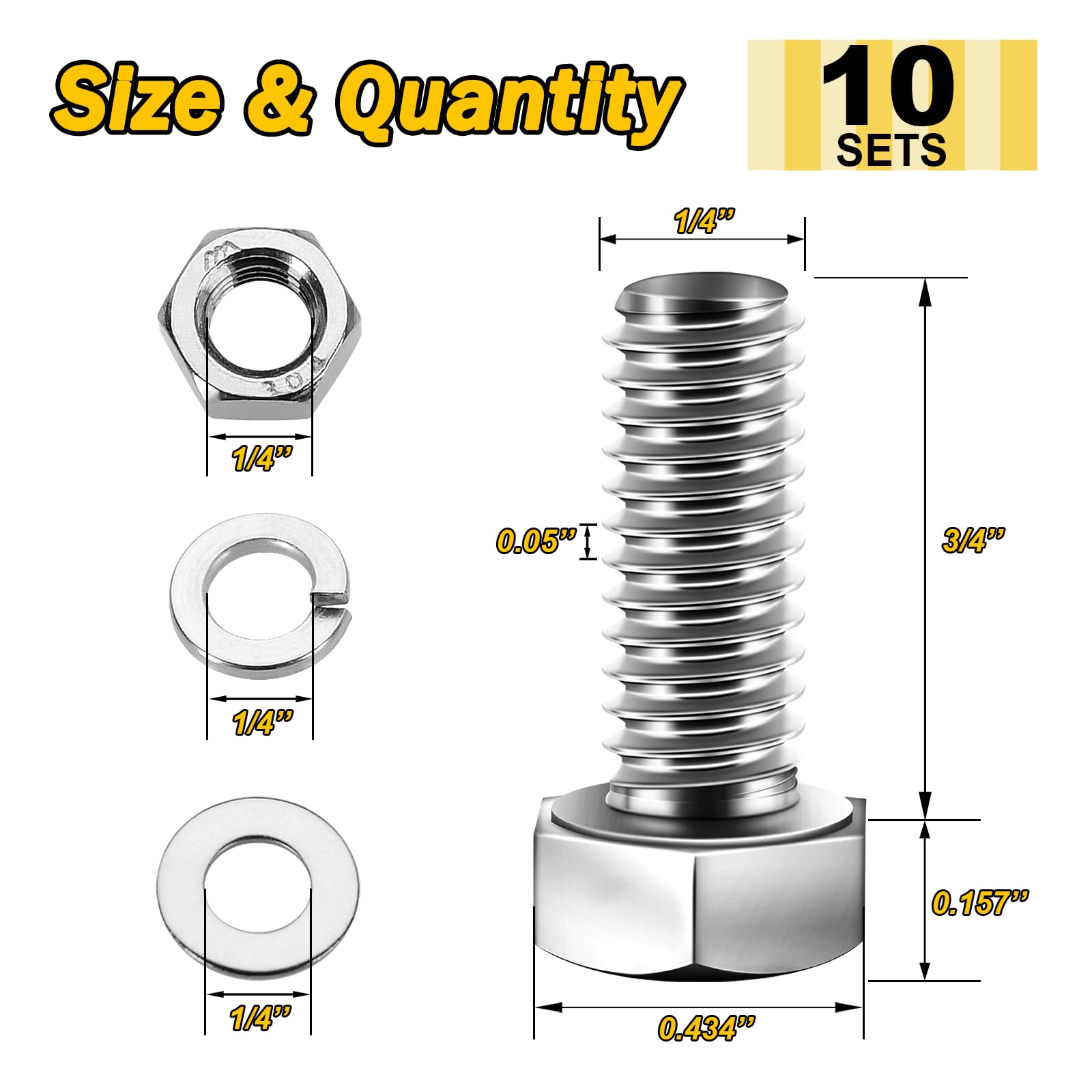 Snapklik.com : Mywish (10 Sets) 1/4-20x3/4" Hex Head Stainless Steel ...