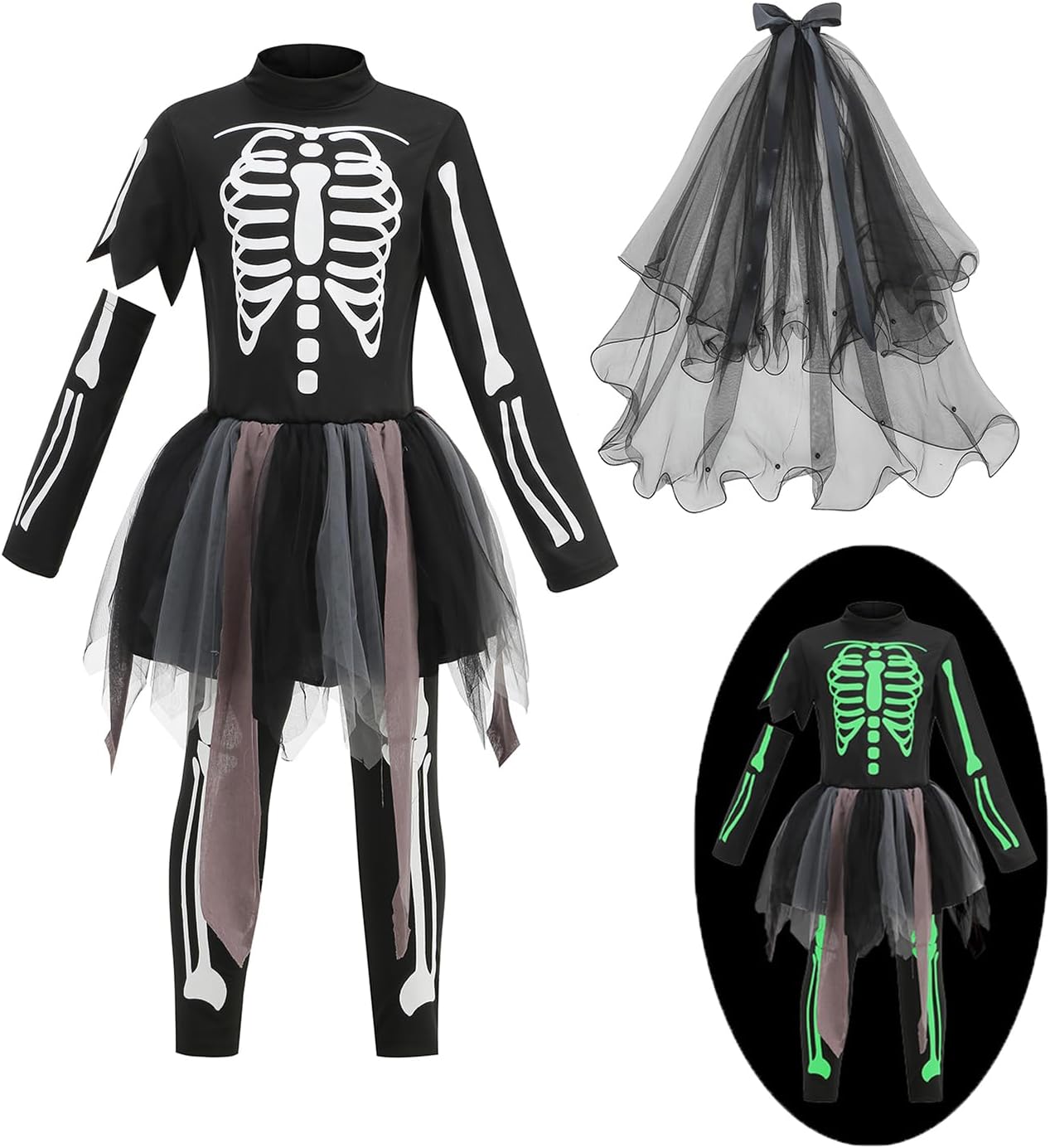 Amazon.com: yolsun Girl Glow In The Dark Skeleton Costume,Girl's Skeleton Dress : Toys & Games