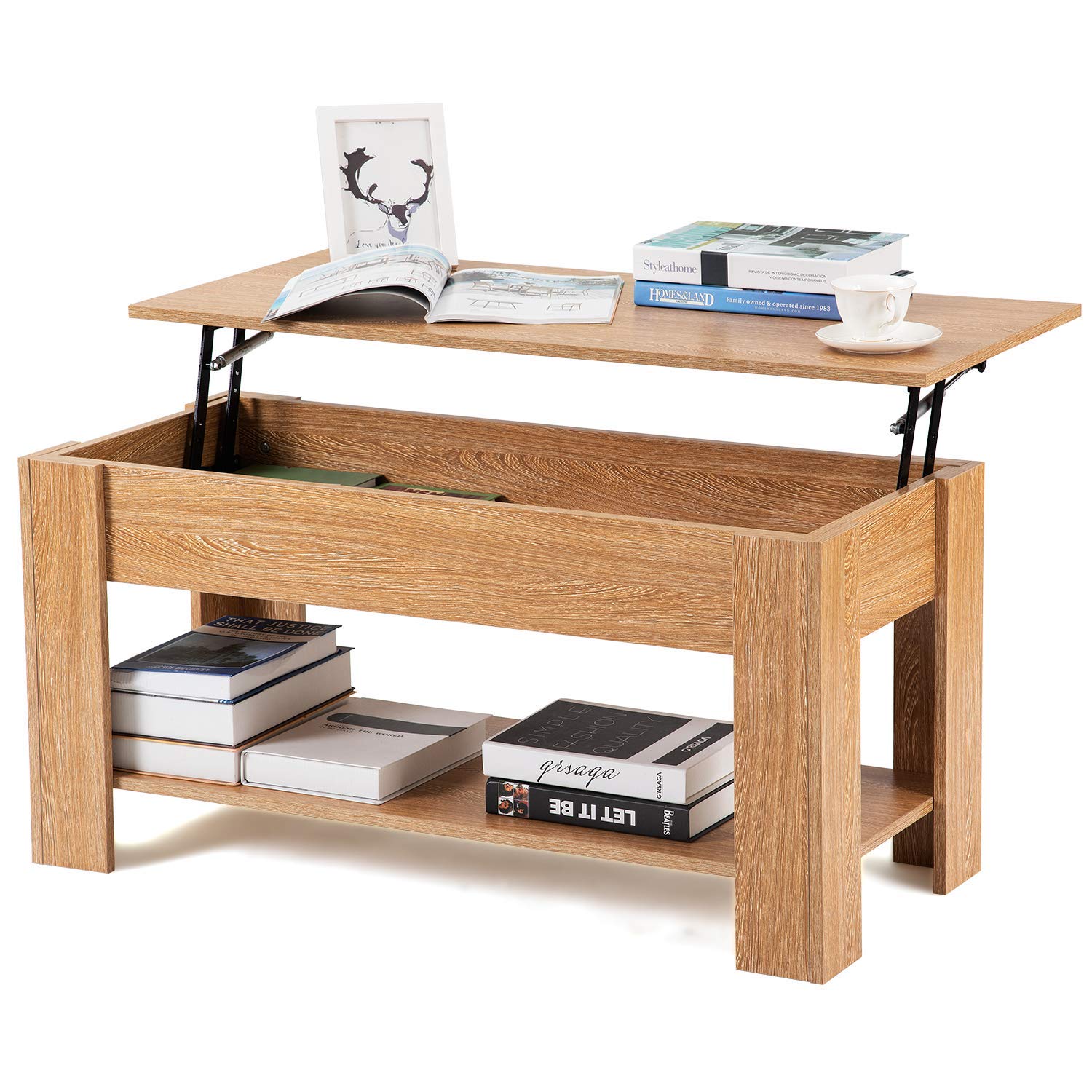 Leisure Zone Nature Wood Hydraulic Lifting Coffee Table, Oak Tea Table ...