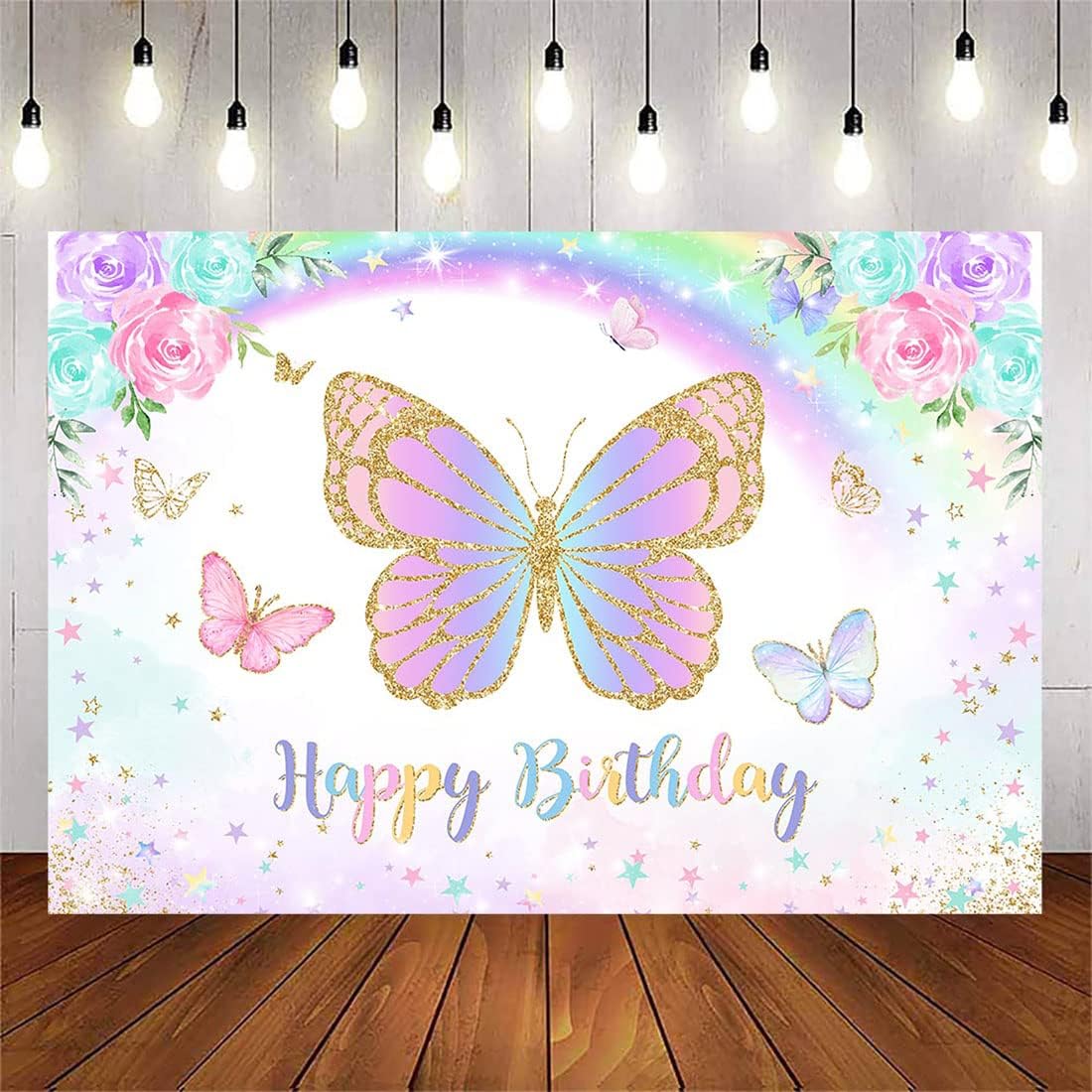 Amazon.com : Avezano 7x5ft Purple Butterfly Happy Birthday Backdrop ...