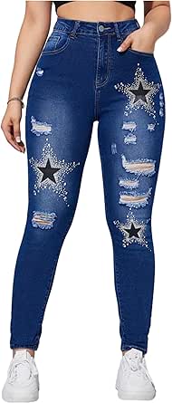 Kedera Women's High Waisted Ripped Jeans Rhinestone Star Printed Butt ...