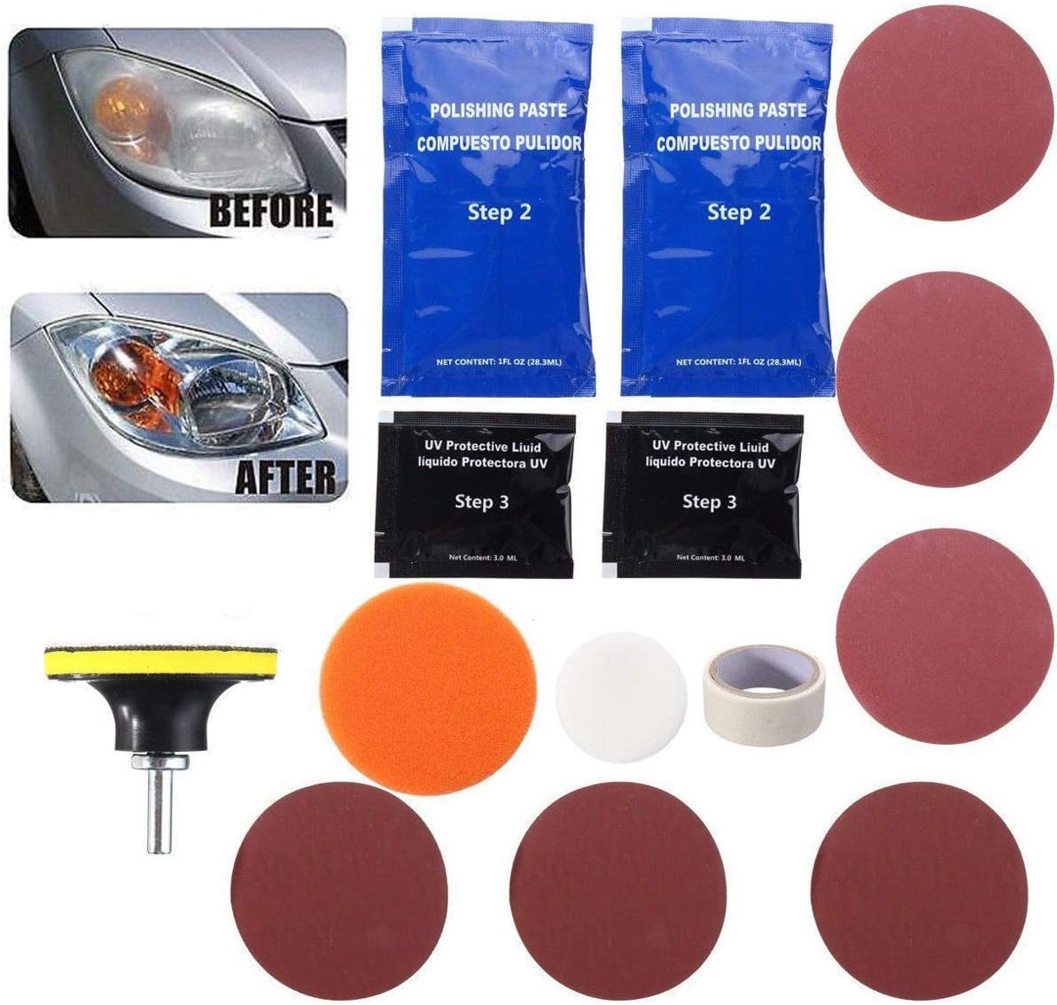 FLM Kit RESTAURO RIGENERANTE FARI Pulizia LUCIDANTE Auto Moto FANALI ...