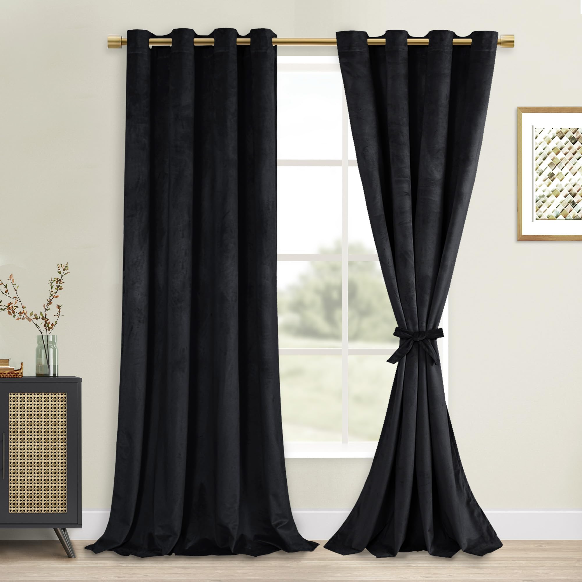 Black Velvet Curtains Solid Black Velvet Two Panel Window Door Curtain