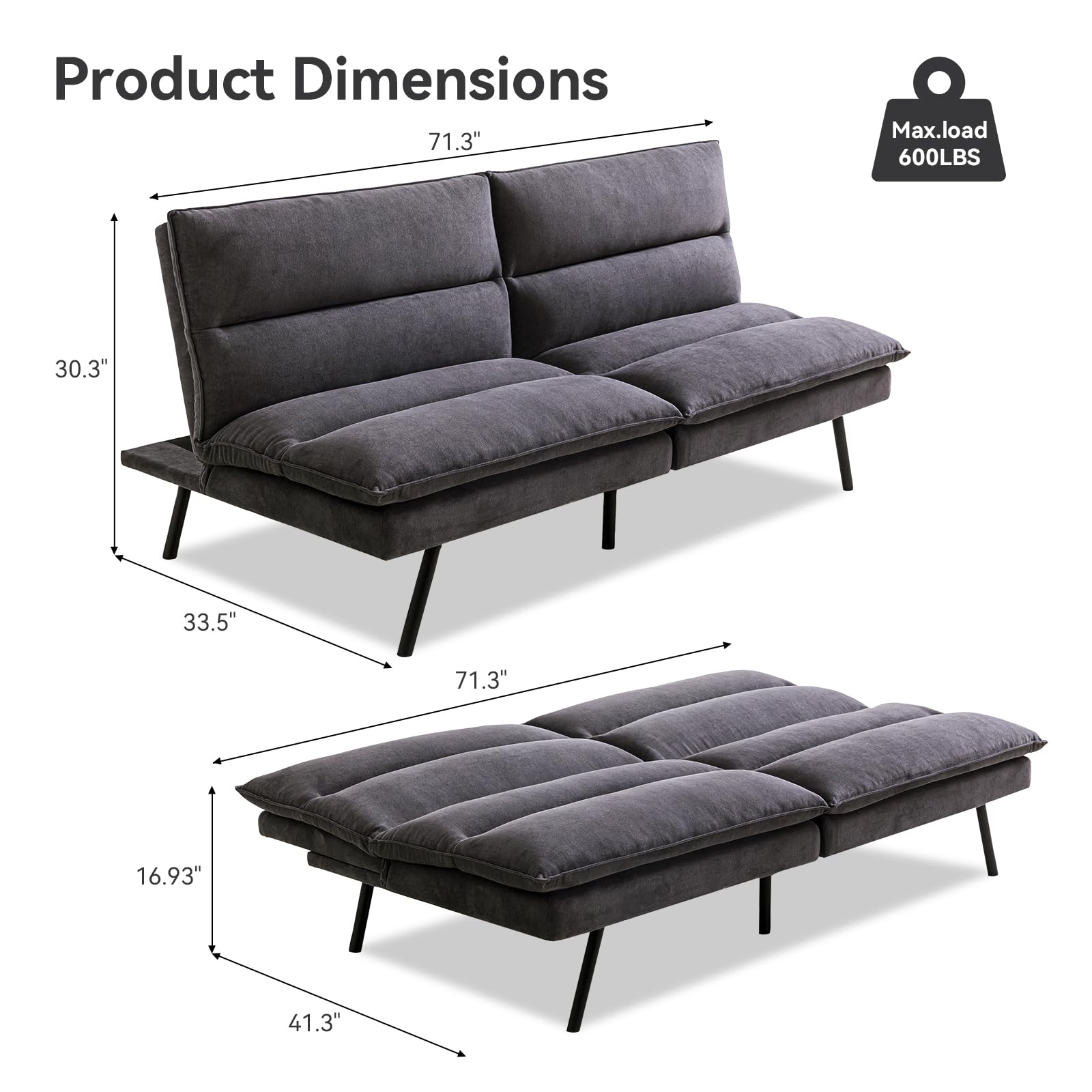 Snapklik.com : Futon Sofa Couch Bed,Polyester Futon Couch,Memory Foam ...