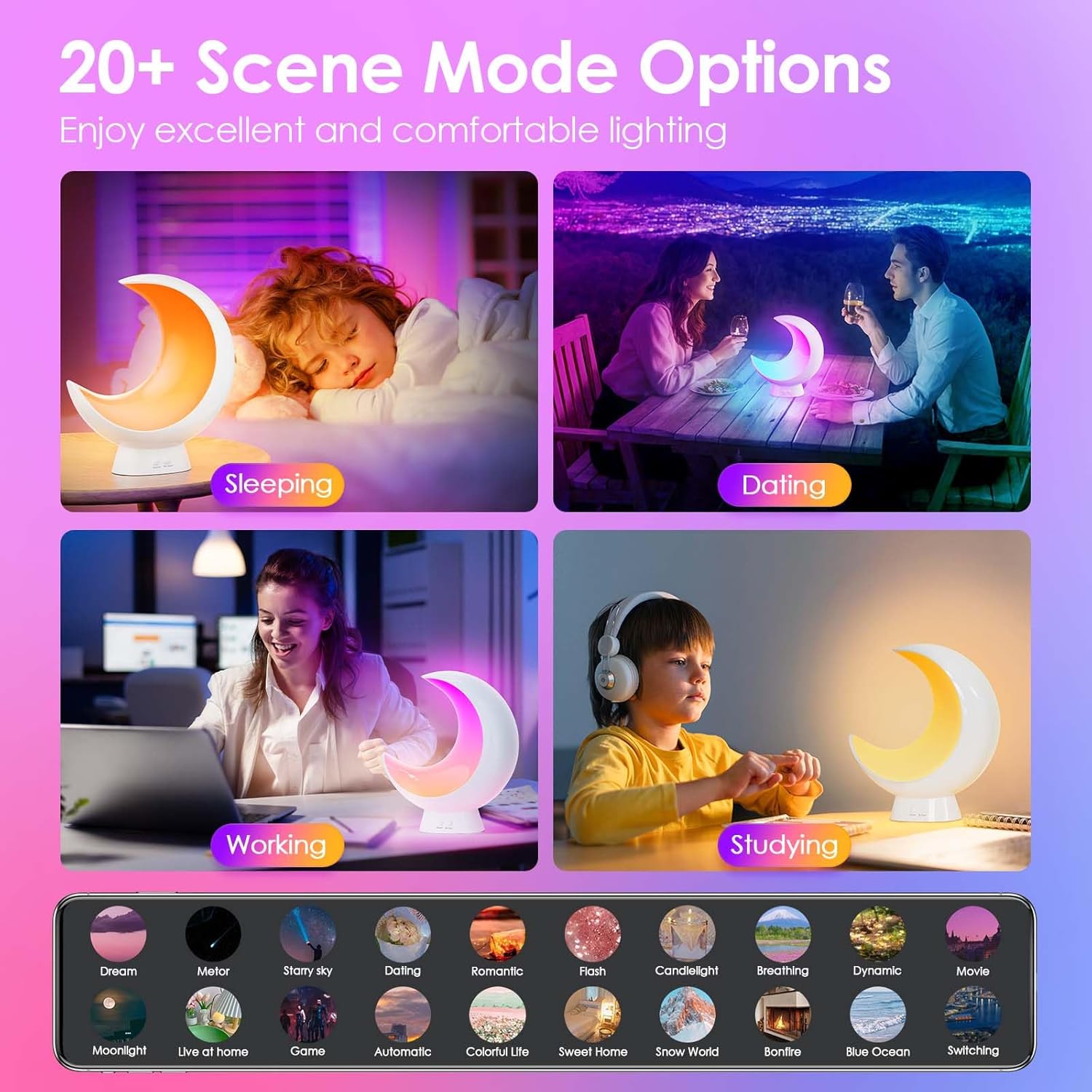 ECOLOR Smart Touch Bedside Table Lamp, RGB APP Control Small Moon Lamp ...