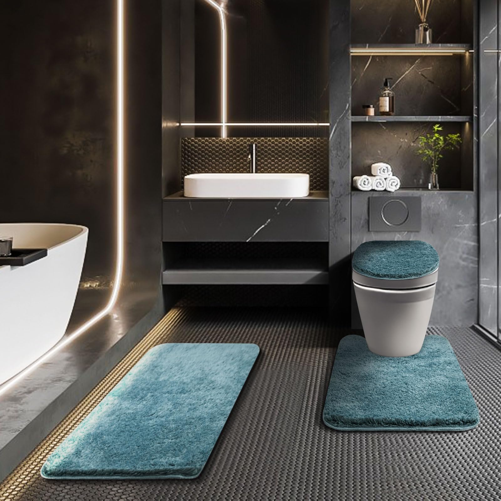 Aqua Bathroom Rugs Sets 3 Piece with Toilet Cover and U Shaped Toilet ...