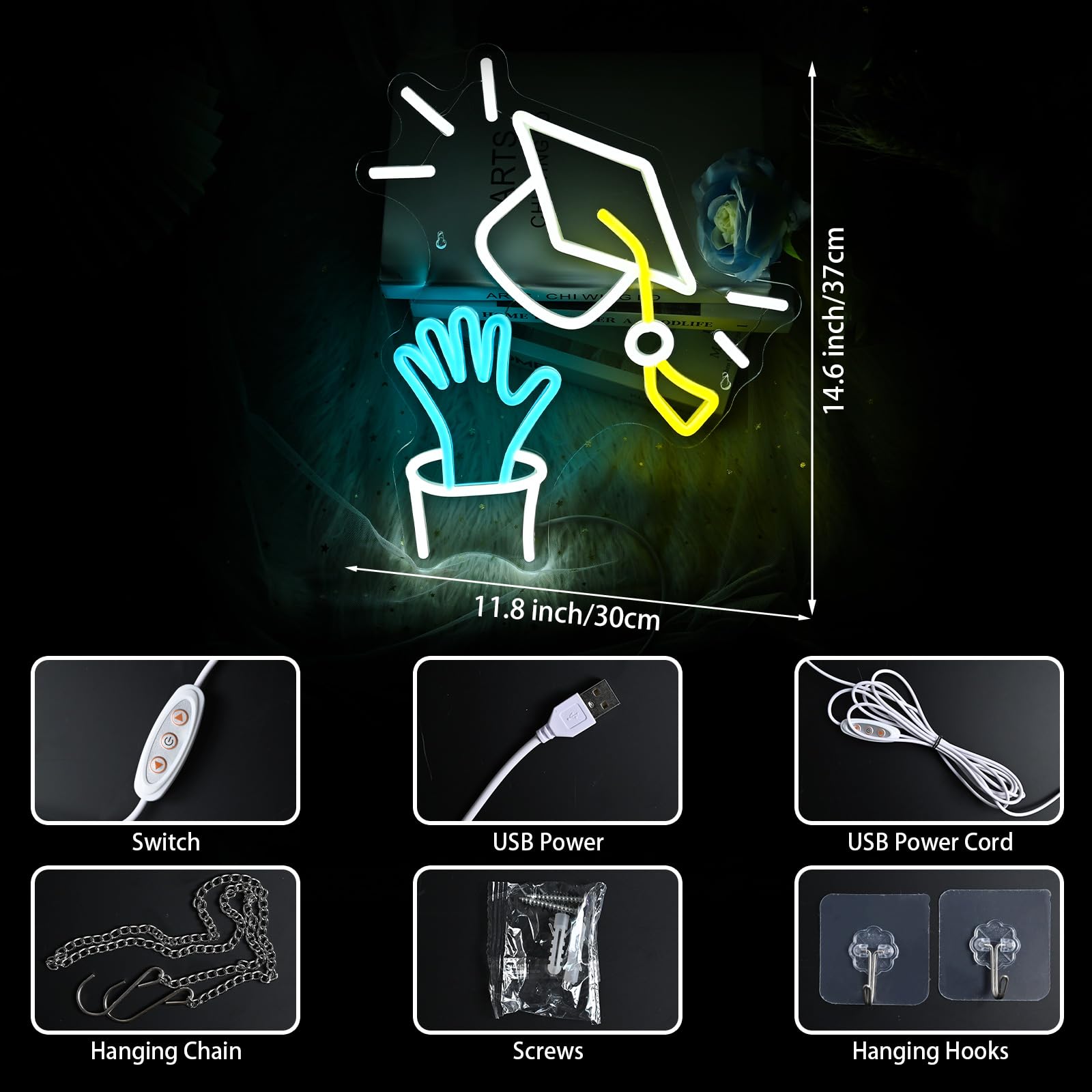Snapklik.com : Graduation Cap Neon Sign, Ice Blue Gold Congrats Grad ...