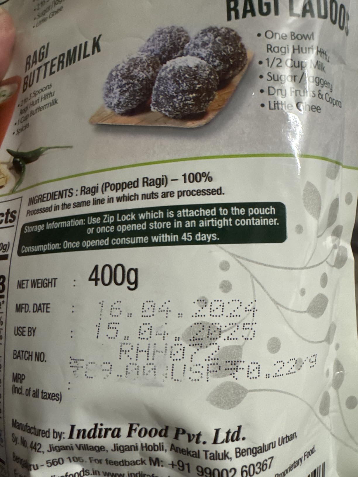 Indira’s Ragi Huri Hittu, Tasty Popped Ragi Flour (400g x 9), Sugar ...