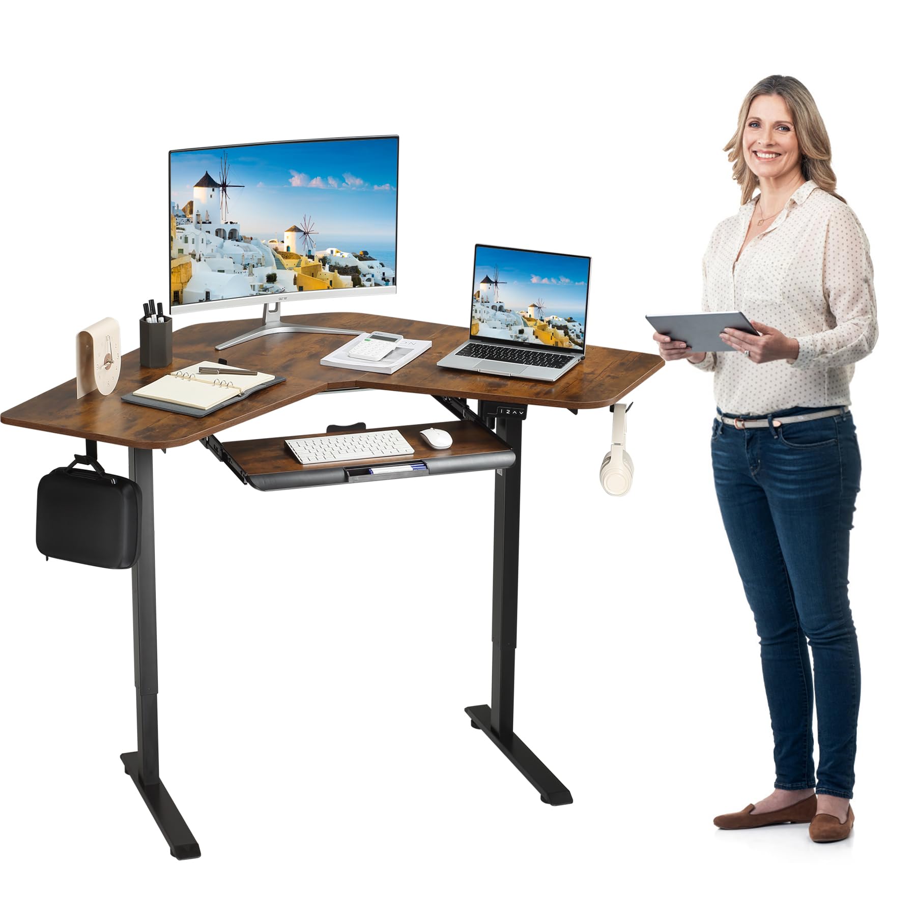 ETHU L Shaped Electric Standing Desk With Keyboard Tray, Computer ...