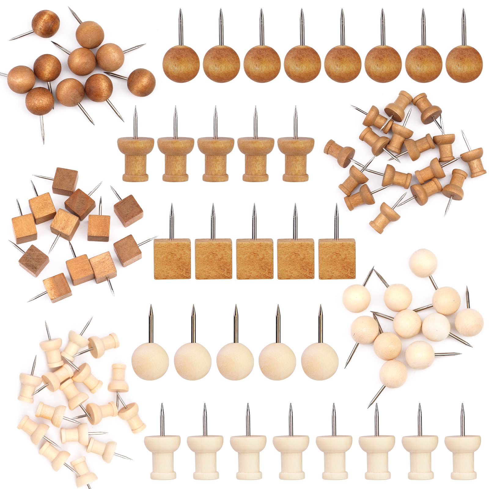 Amazon.com: 62 Pcs Wood Push Pins 5 Types Wooden Thumb Tacks Wooden ...