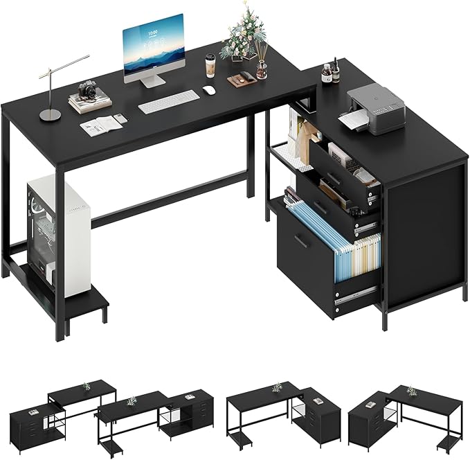 Amazon.com: YOMILUVE L Shaped Desk with Storage Cabinet, Computer Desk ...