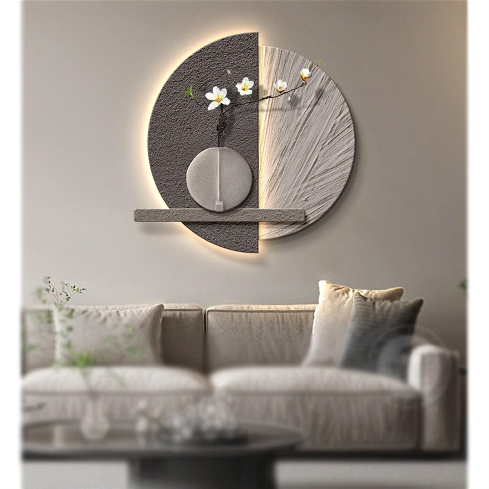 【壁掛け彫刻】Frameless LED Wall Sculpture - Modern Sandstone 3D Art with Vase ...