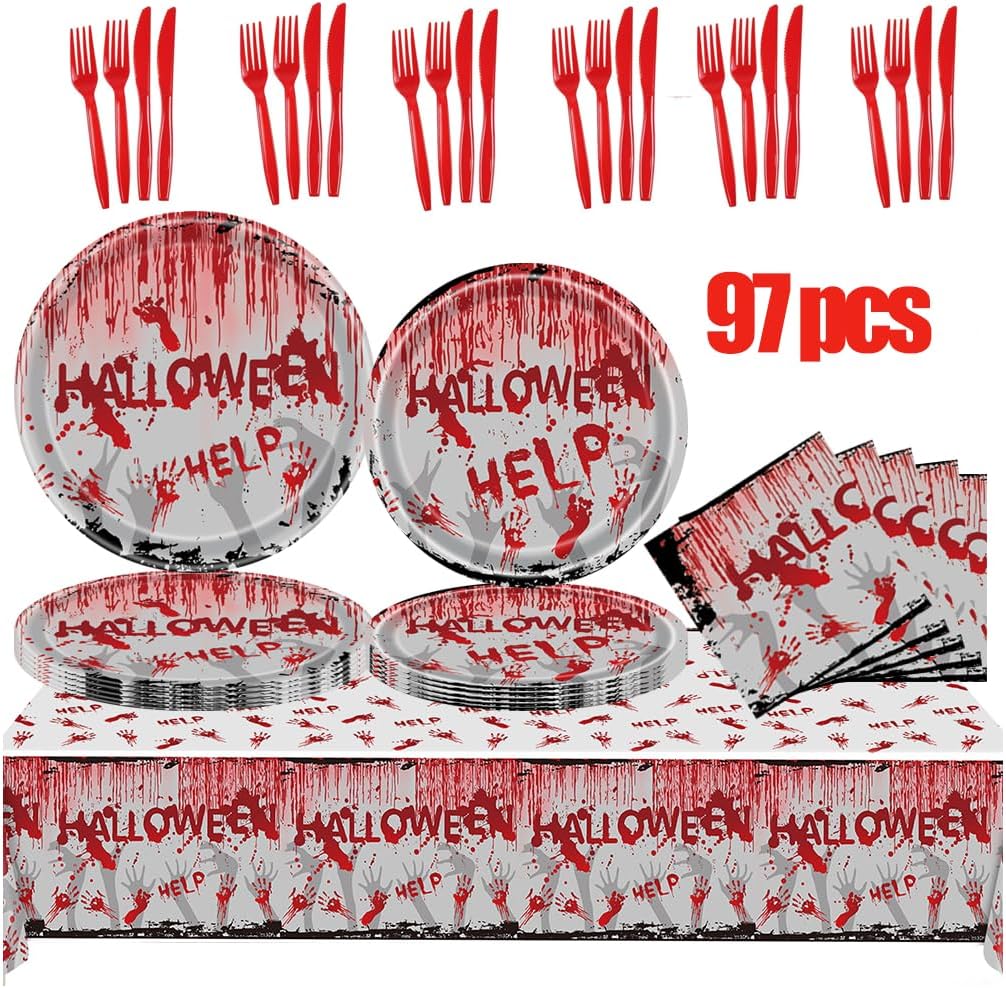 Amazon.com: 97 Pcs Halloween Party Supplies Tableware Set, Scary ...