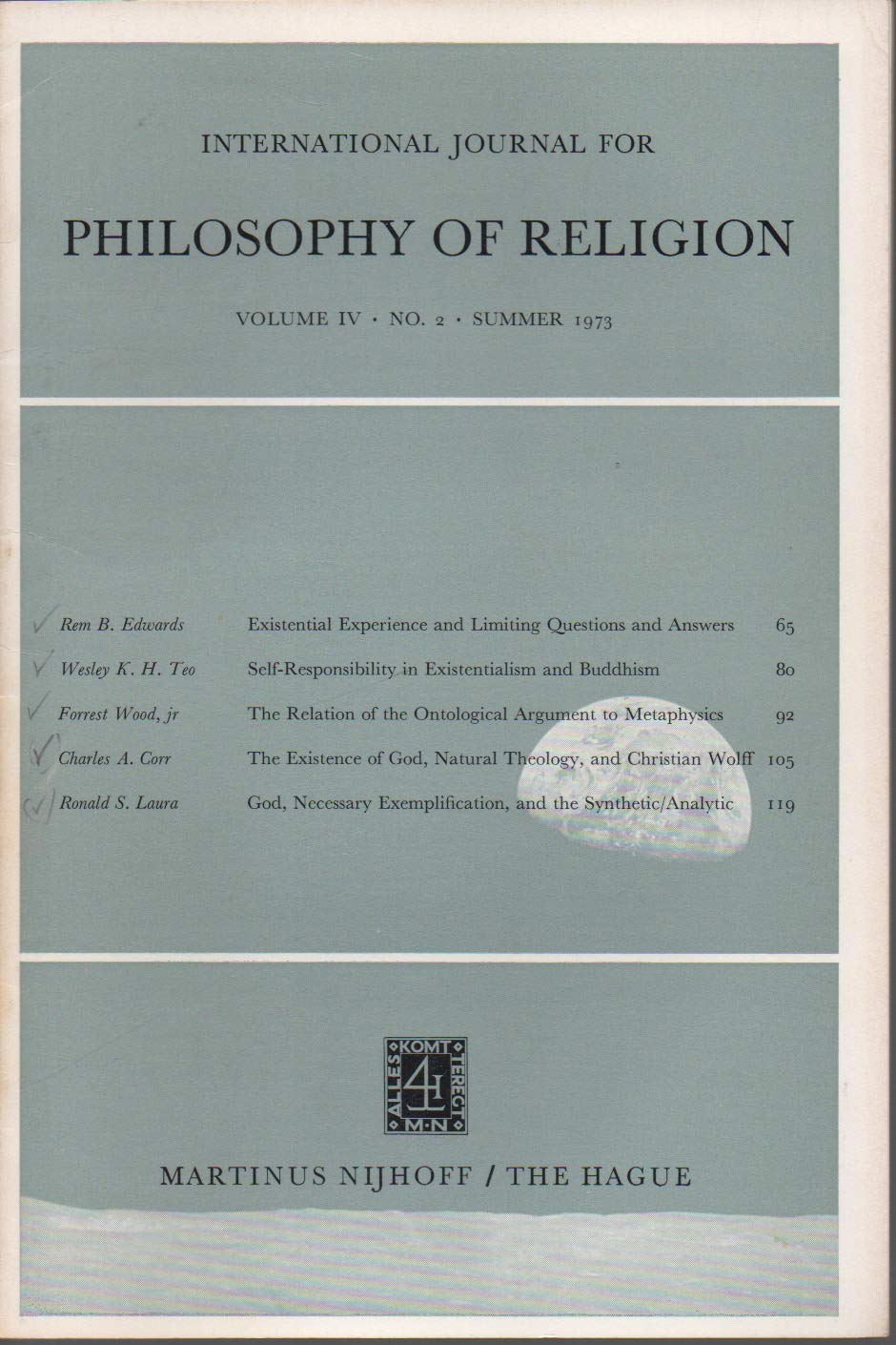 International Journal for Philosophy of Religion, vol. IV (4), no. 2 ...