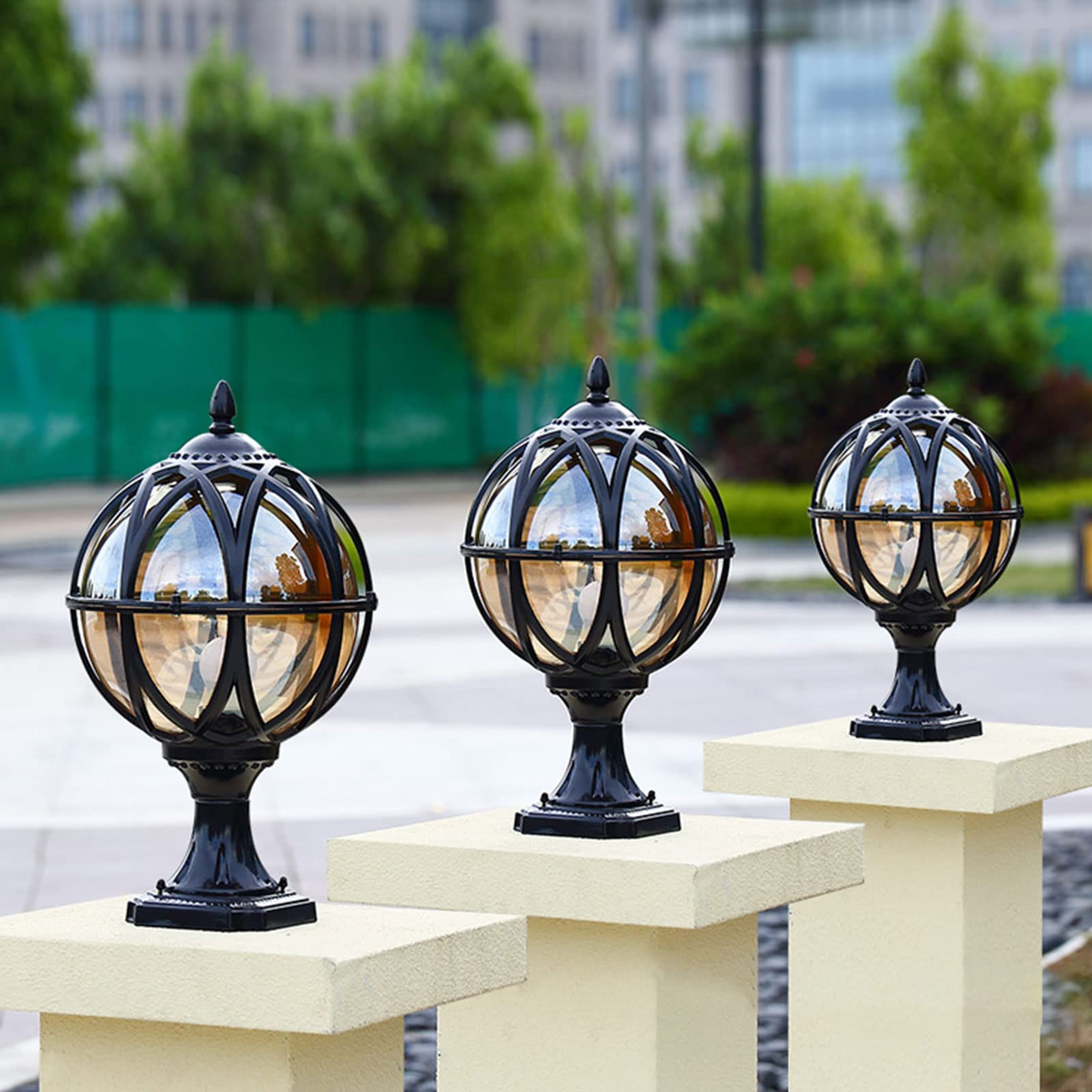 IBalody Outdoor Pillar Lights Retro Amber Glass Ball Post Light Fixture ...