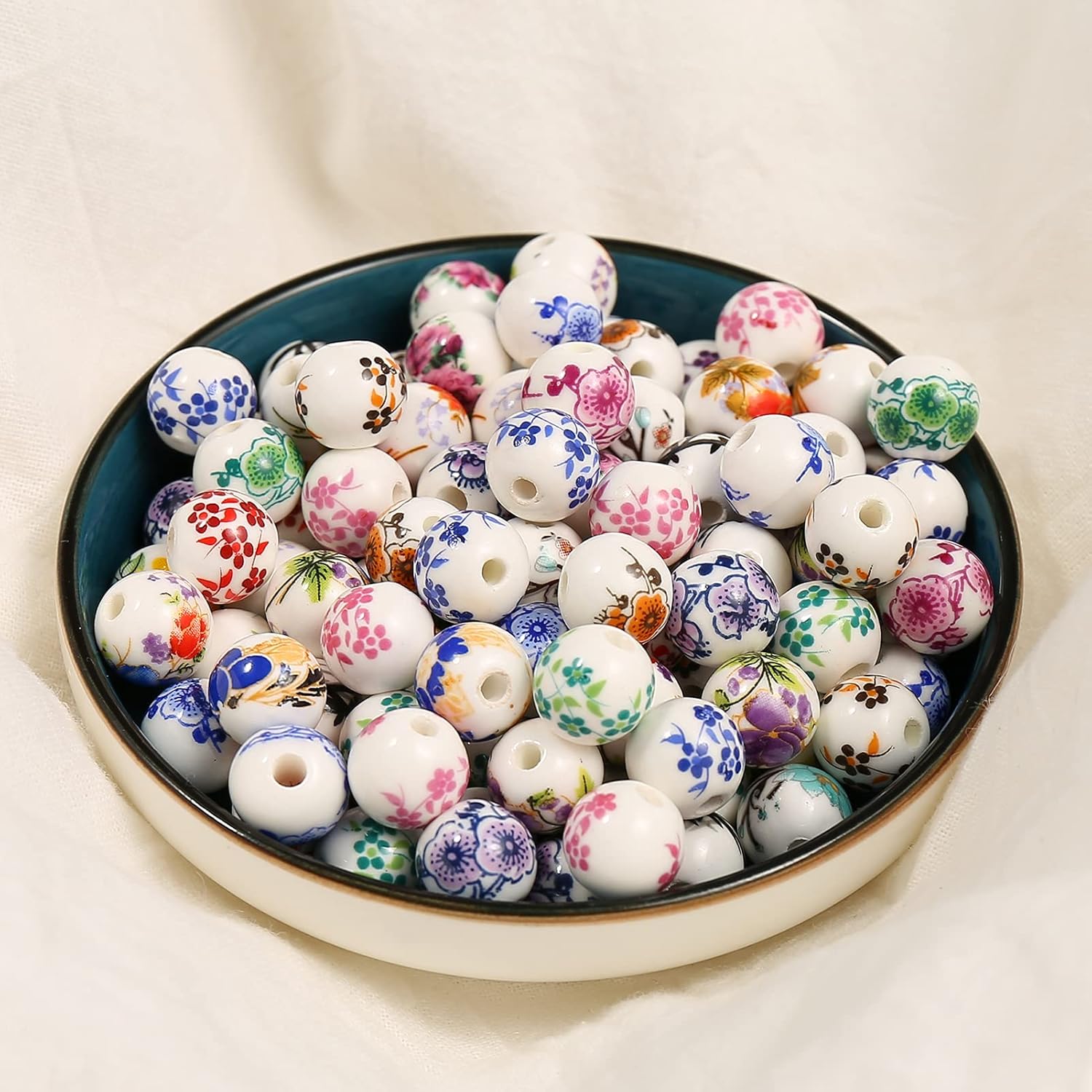 HERZWILD 100pcs Ceramic Beads Colourful Flower Beads,Round Loose Bead ...