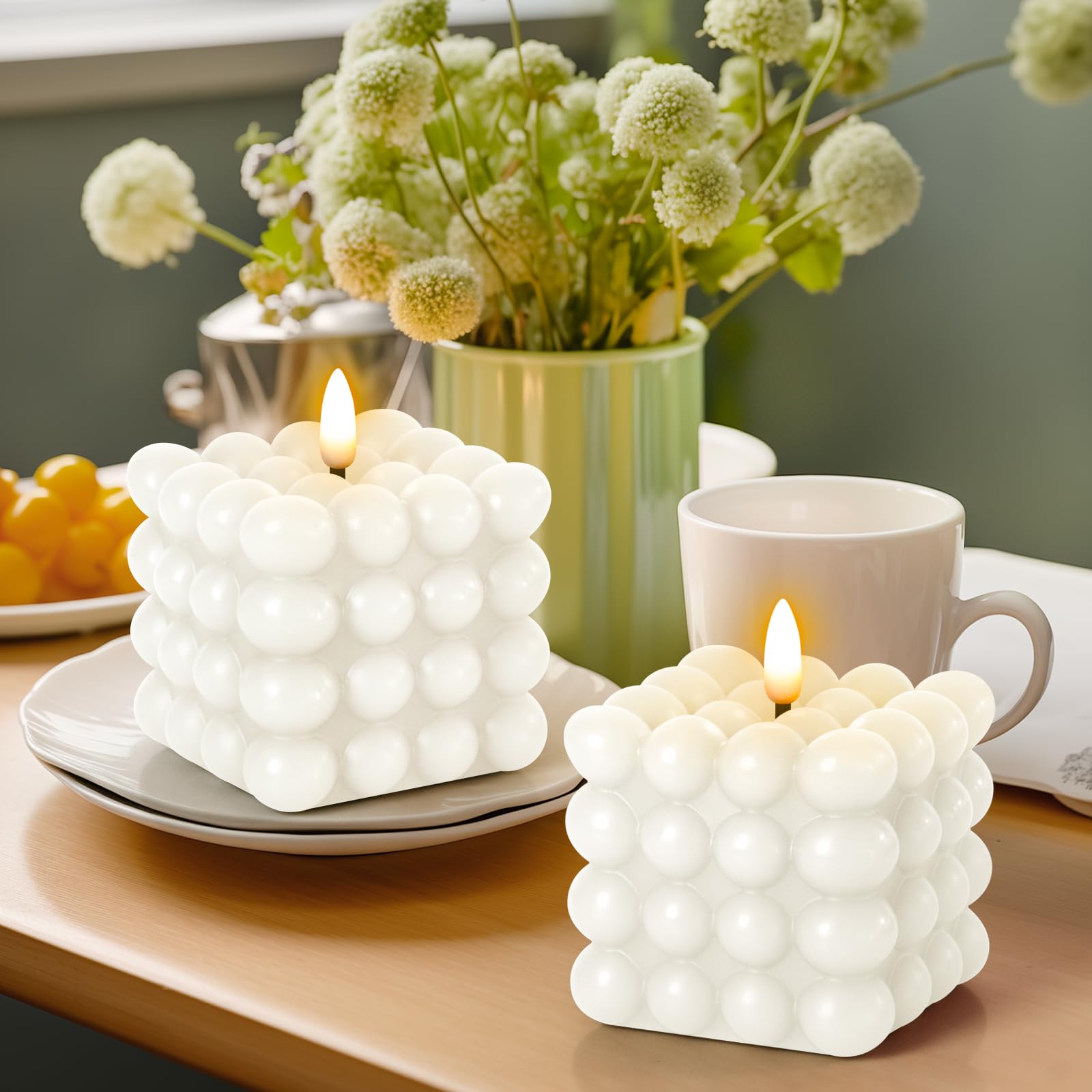 Yongmao Flameless Bubble Candles with Remote, White Cube Real Wax ...