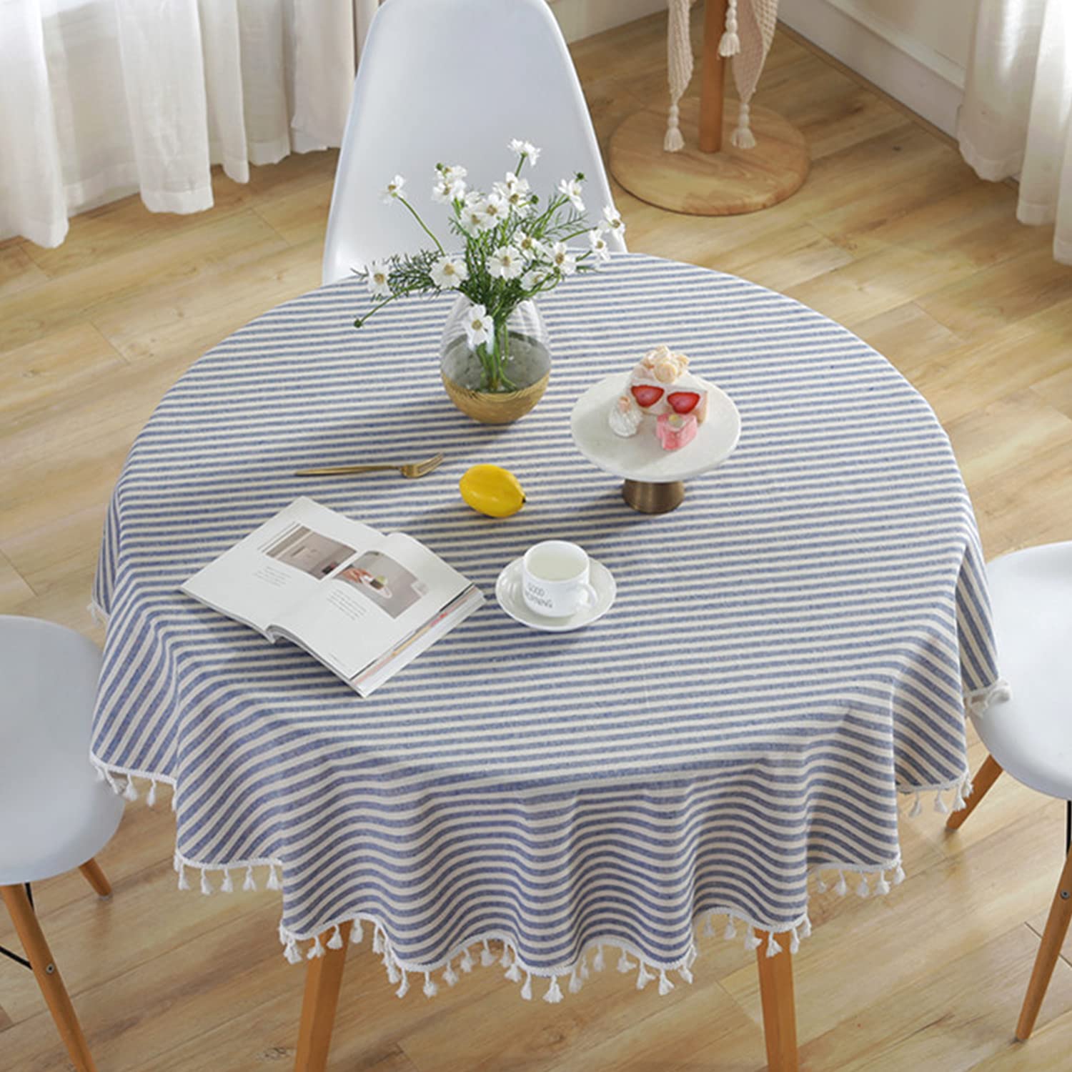 Amazon.com: meioro Round Tablecloth Stripe Tassel Table Cloth Cotton ...