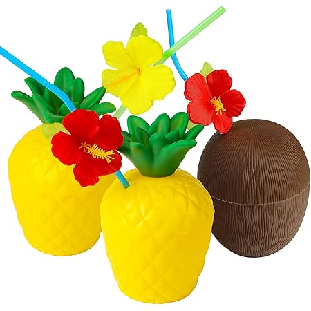 Amazon.com: 18 Pack Coconut Cups with Flower Straws for Hawaiian Luau ...