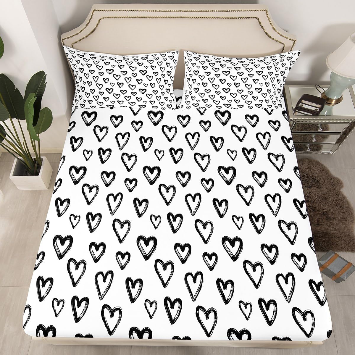 Amazon.com: jejeloiu Kids Heart Love Fitted Sheet Full Size Geometric ...