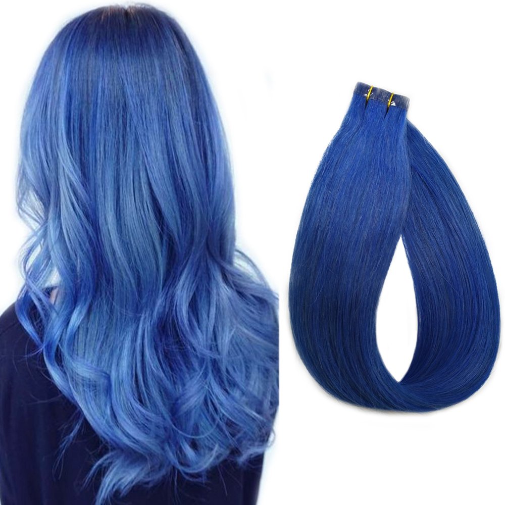 Amazon.com : Blue Hair Extensions Tape in Human Hair 18" Soft Straight ...